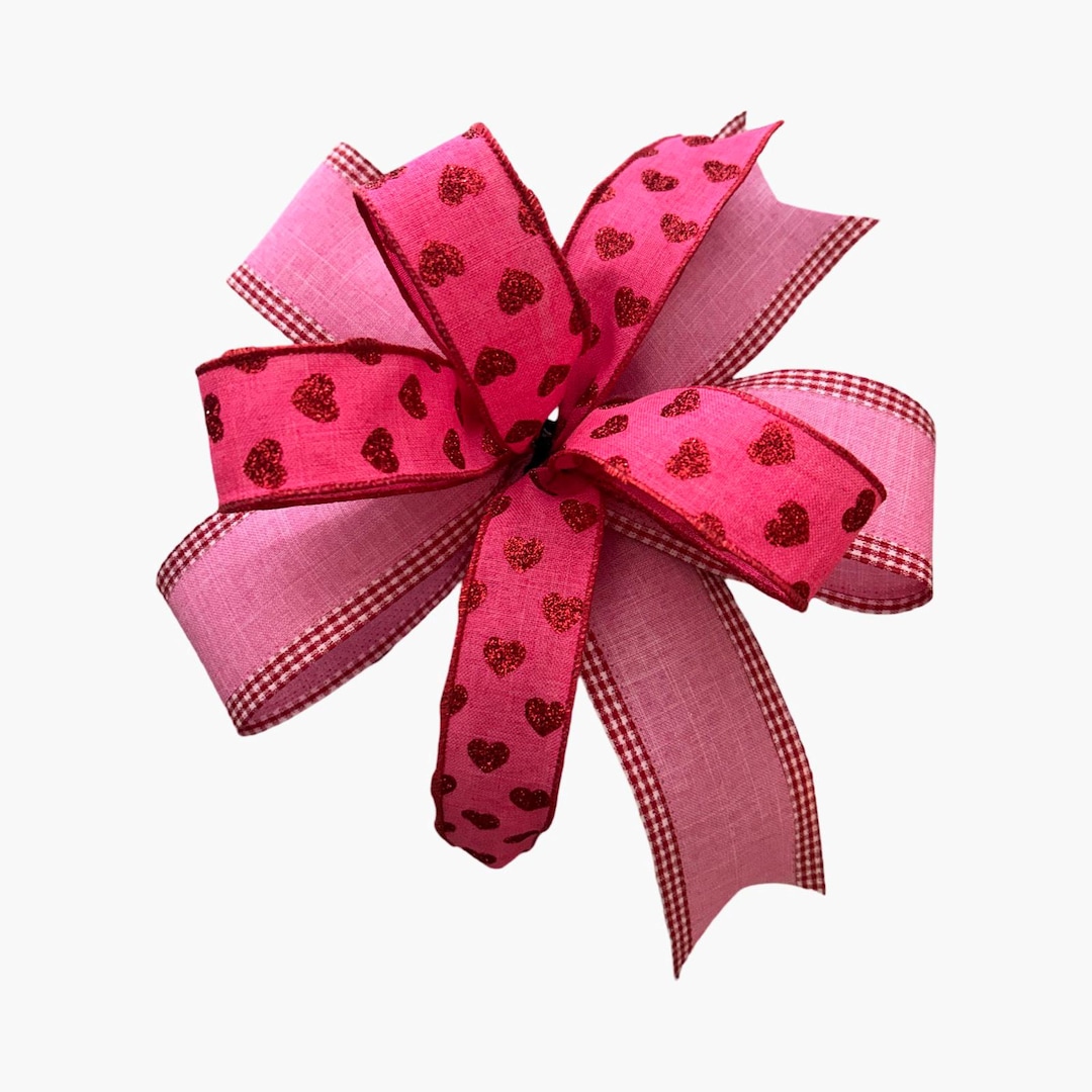 Pink Valentine’s Day Bow - Glitter Heart Ribbon and Gingham Wired Bow ...