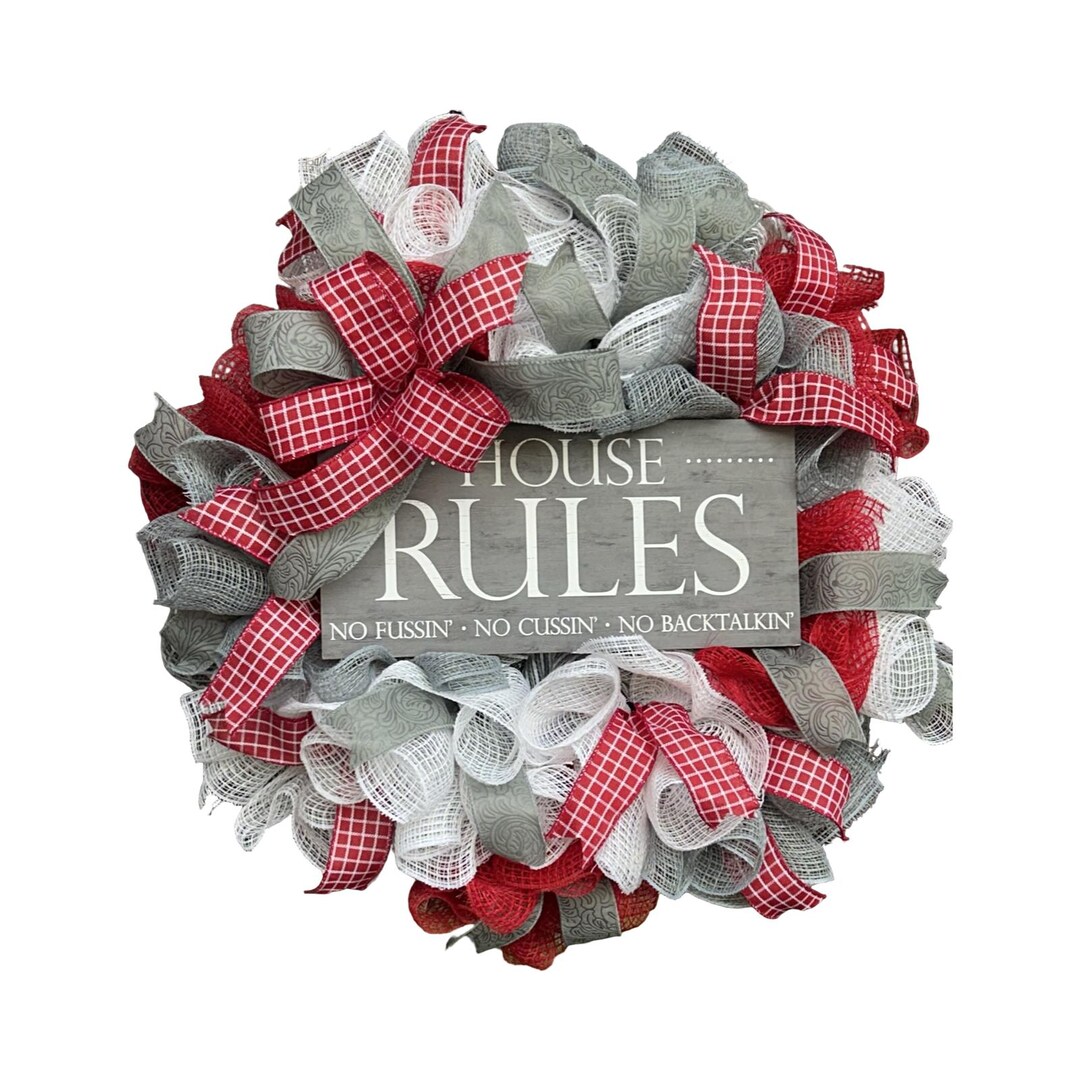 House Rules Wreath for Front Door, Red Gray White Deco Mesh Wreath ...