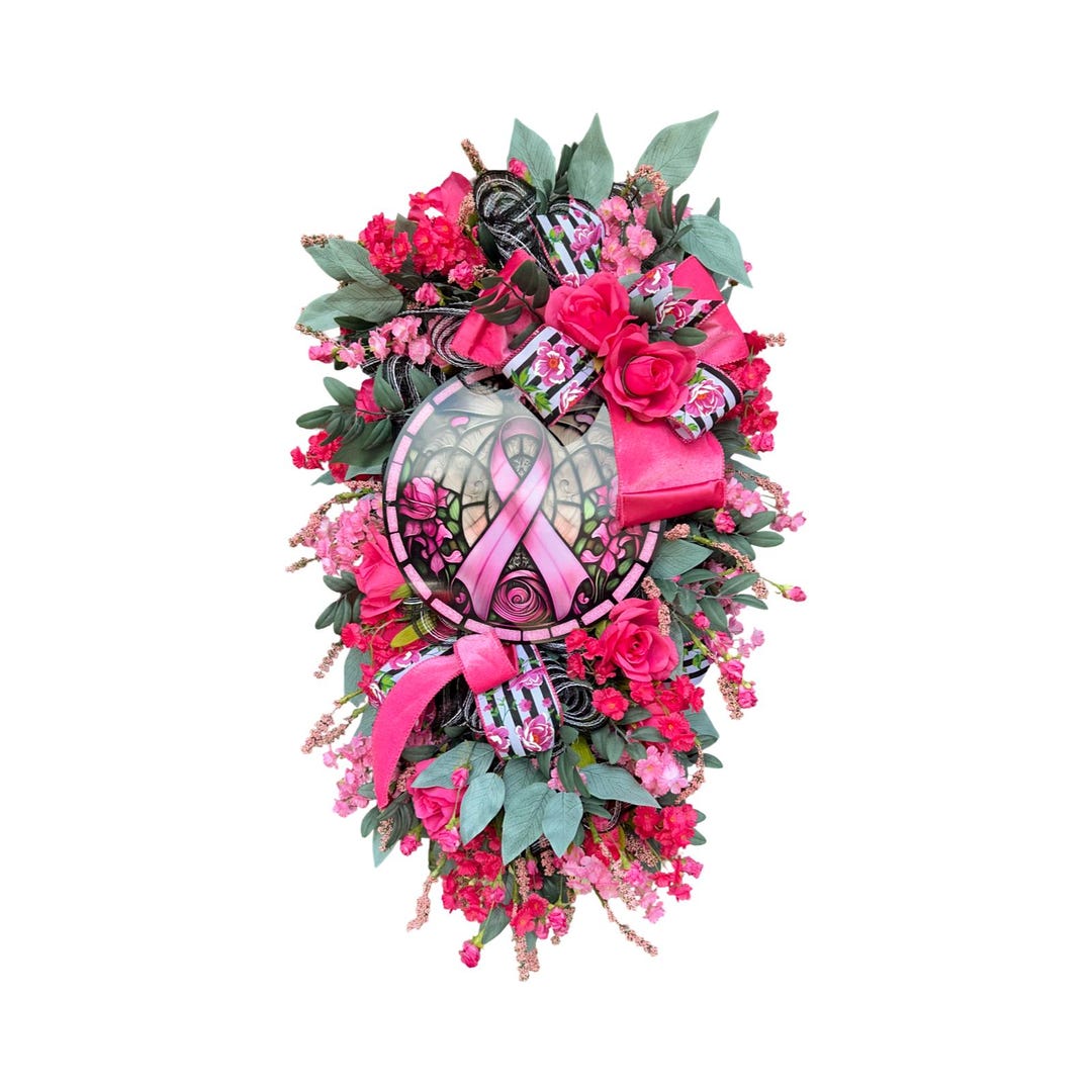 Pink Ribbon Breast Cancer Wreath, Handmade Floral Door Decor, Awareness ...