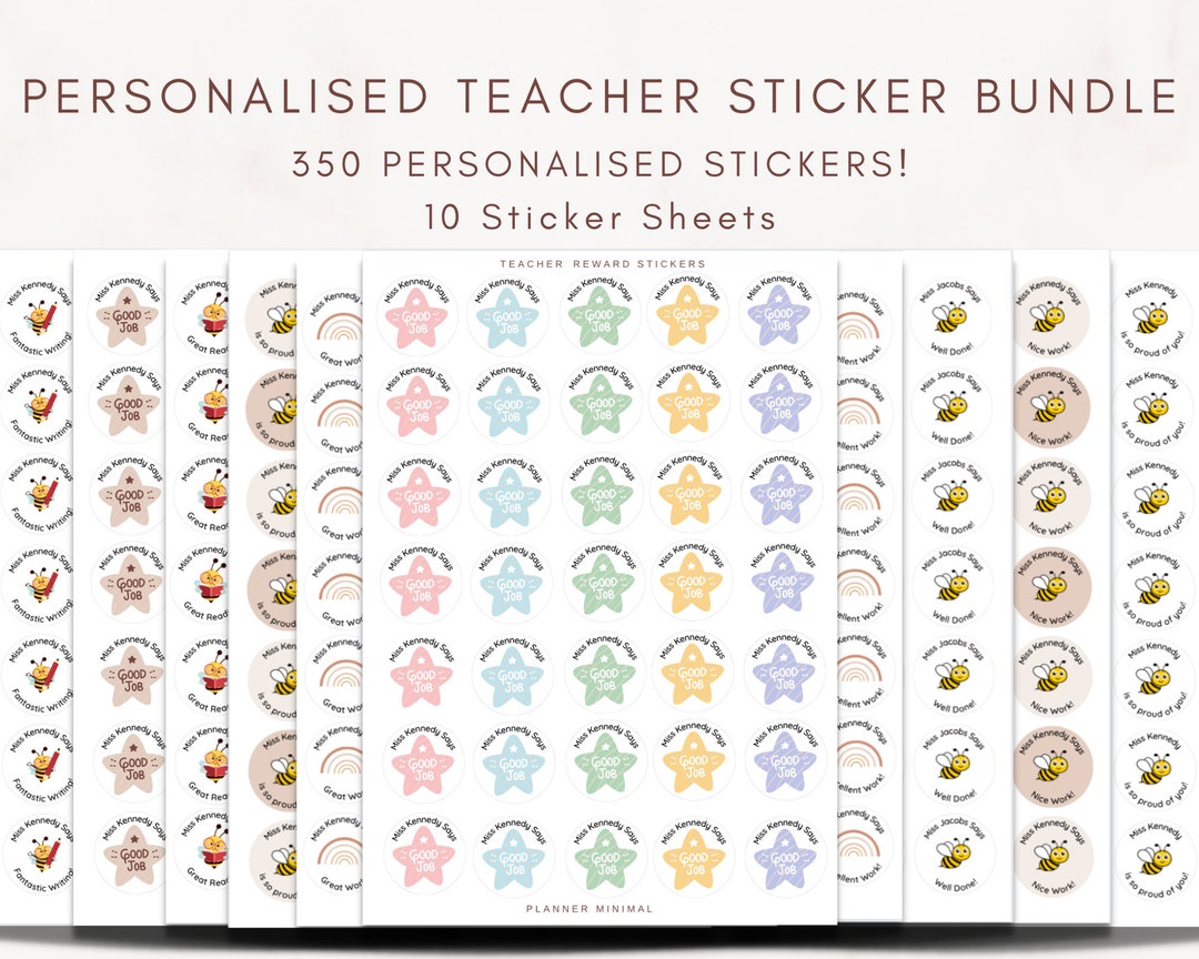 Personalised Teacher Sticker Bundle, 350 Teacher Stickers, 10 Sticker ...