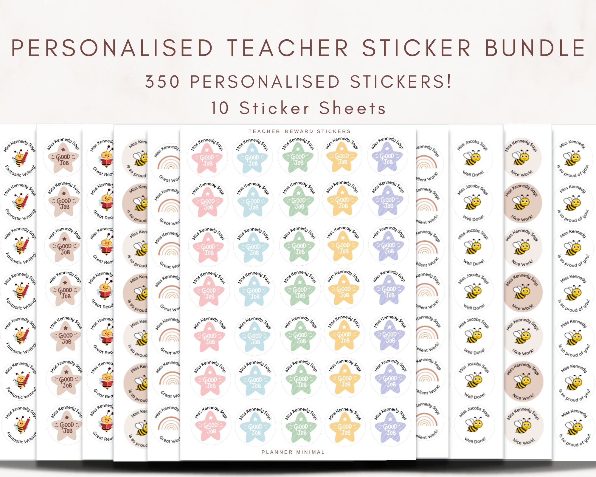 Personalised Teacher Sticker Bundle, 350 Teacher Stickers, 10 Sticker ...