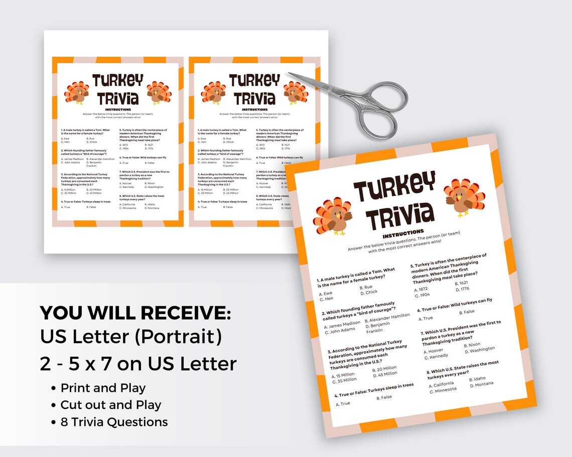 Turkey Trivia Game for Kids, Printable Family Thanksgiving Games ...