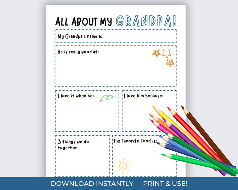 All About My Grandpa Coloring Sheet, Printable Grandpa Gift, Father's ...