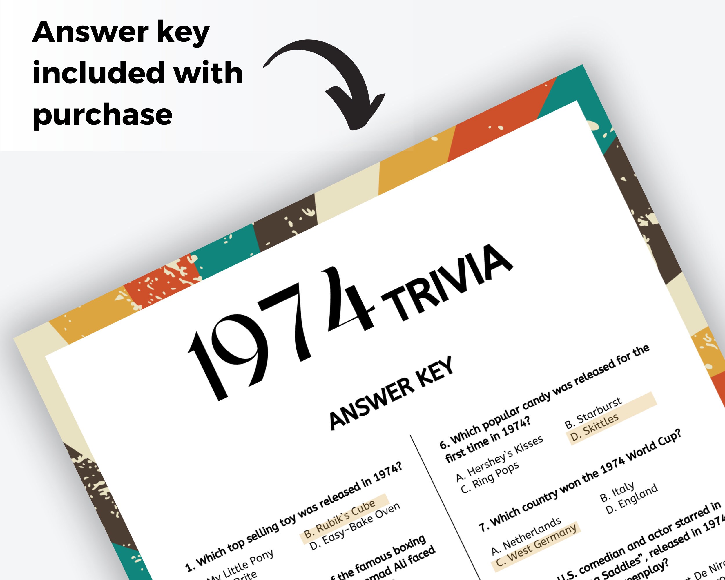 1974 Trivia Game, Born in 1974, 50th Birthday Game, 50th Anniversary ...