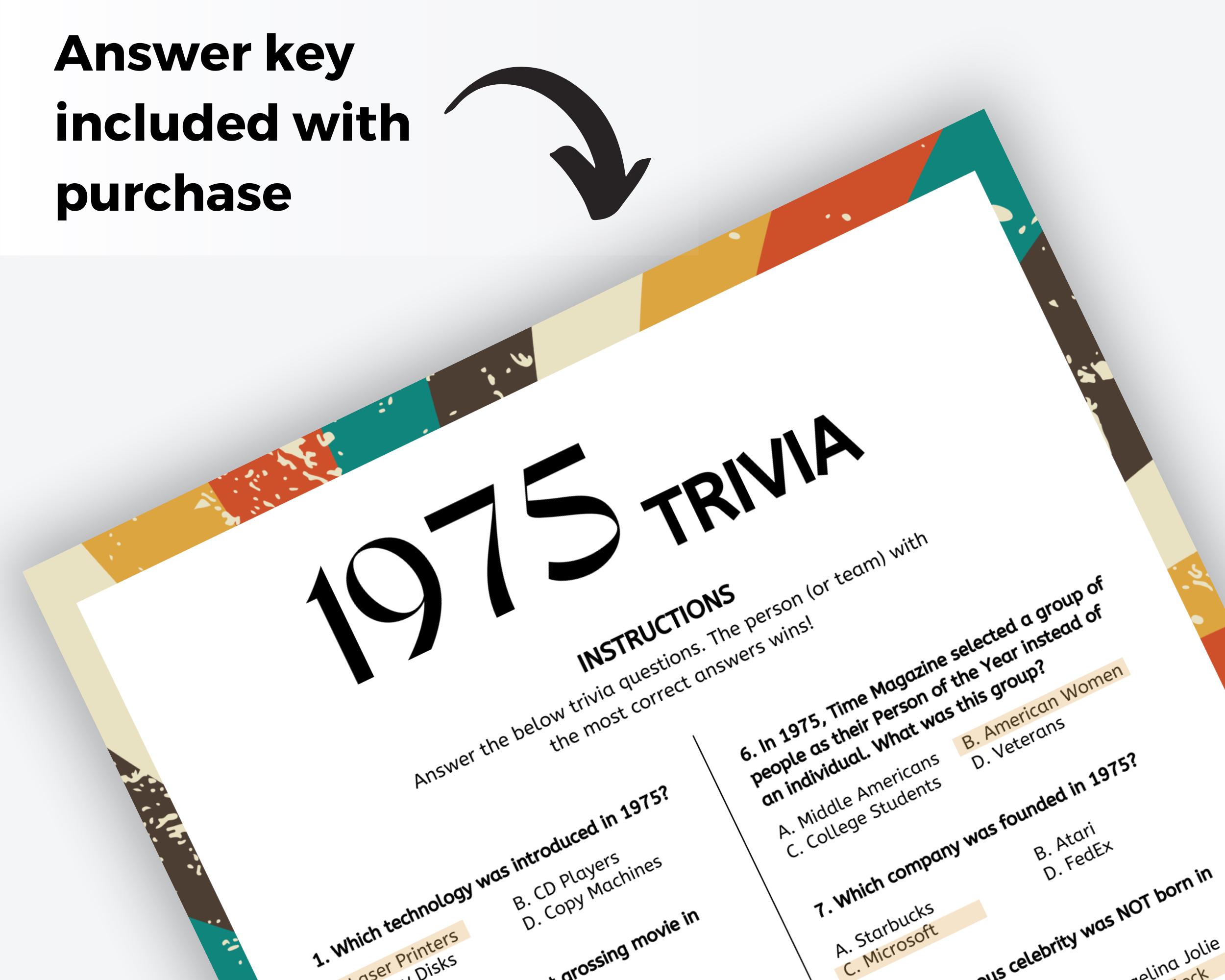 1975 Trivia Game, Born in 1975, 50th Birthday Game, 50th Anniversary ...
