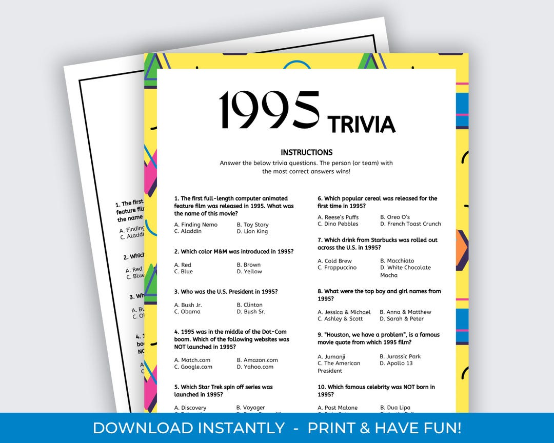 1995 Trivia Game, Born in 1995, 30th Birthday Game, 30th Anniversary ...