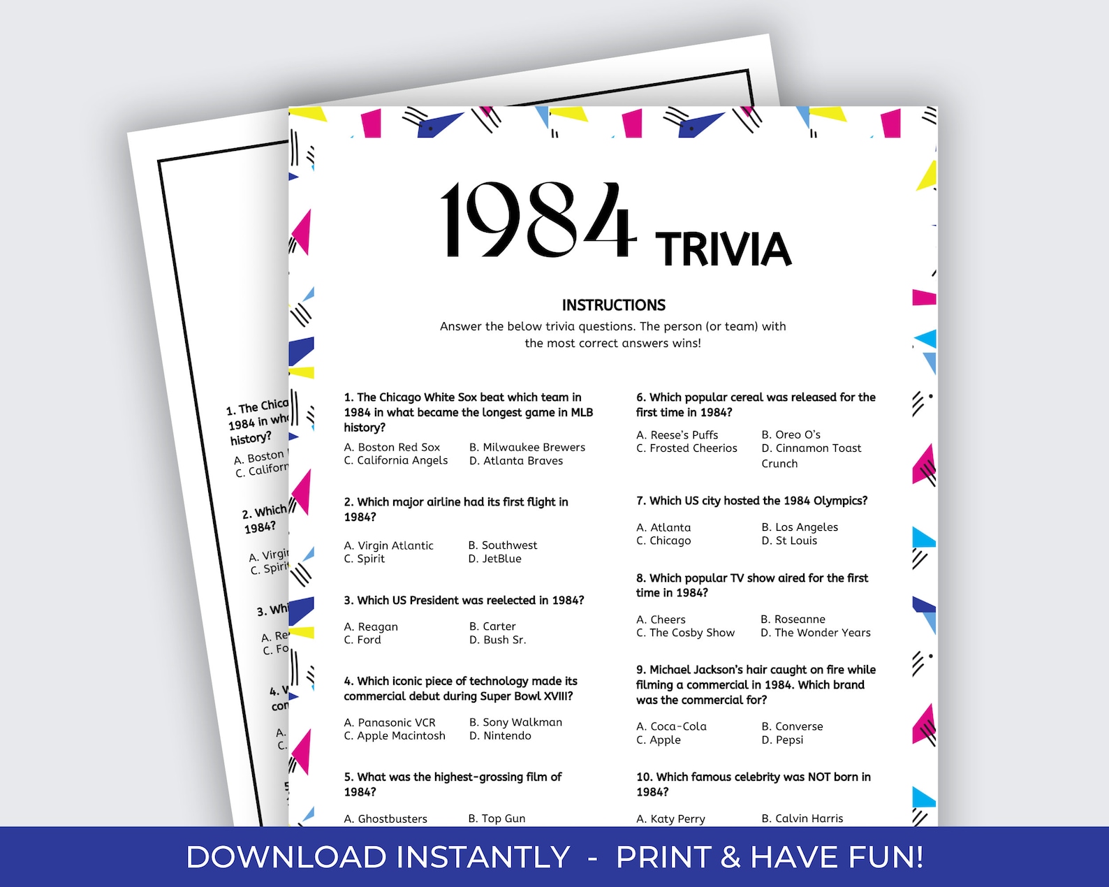 1984 Trivia Game, 40th Birthday Trivia, 1984 Birthday, Born in 1984 ...