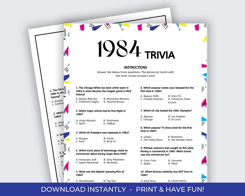 1984 Trivia Game, 40th Birthday Trivia, 1984 Birthday, Born in 1984 ...