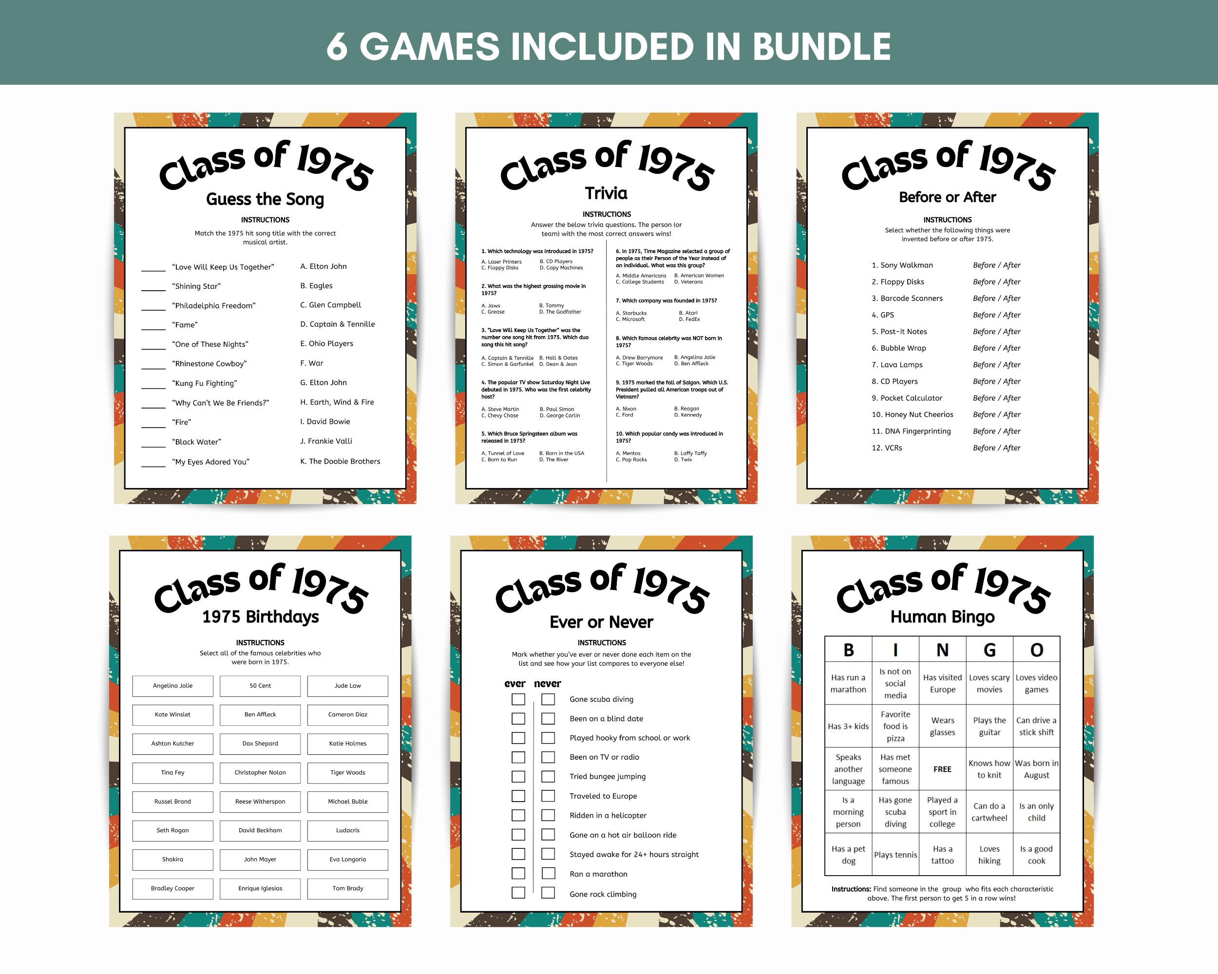 50th Class Reunion Games, Class of 1975, 1975 Trivia Game, 50 Year ...