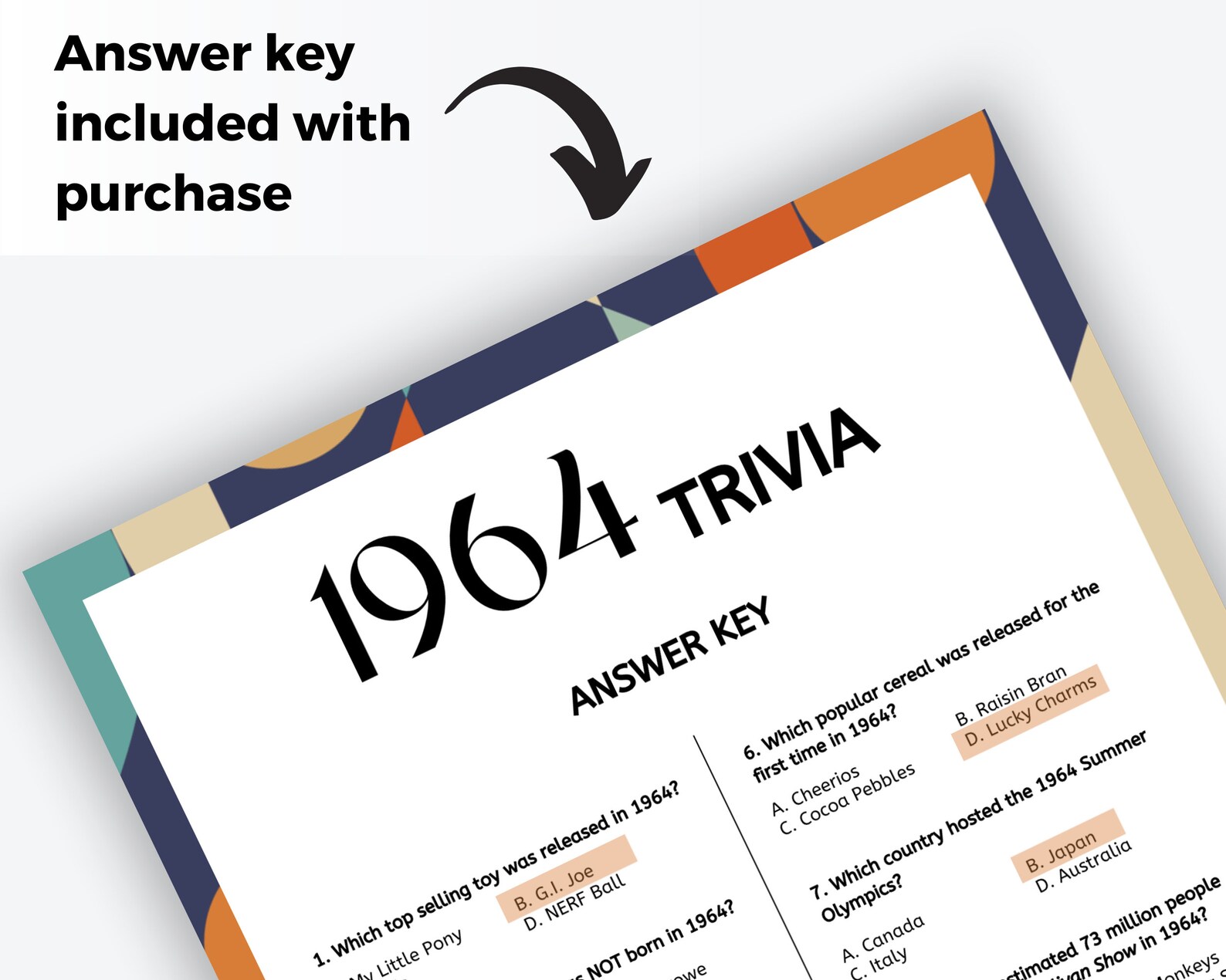 60th Birthday Trivia, 1964 Trivia Game, Born in 1964, 60th Birthday ...