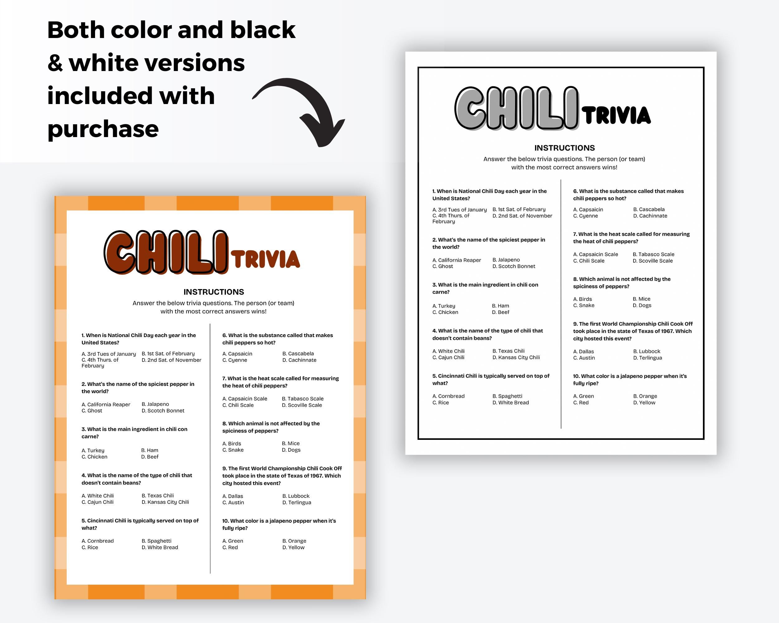 Chili Trivia Game for Chili Cook off Event or Chili Competition ...