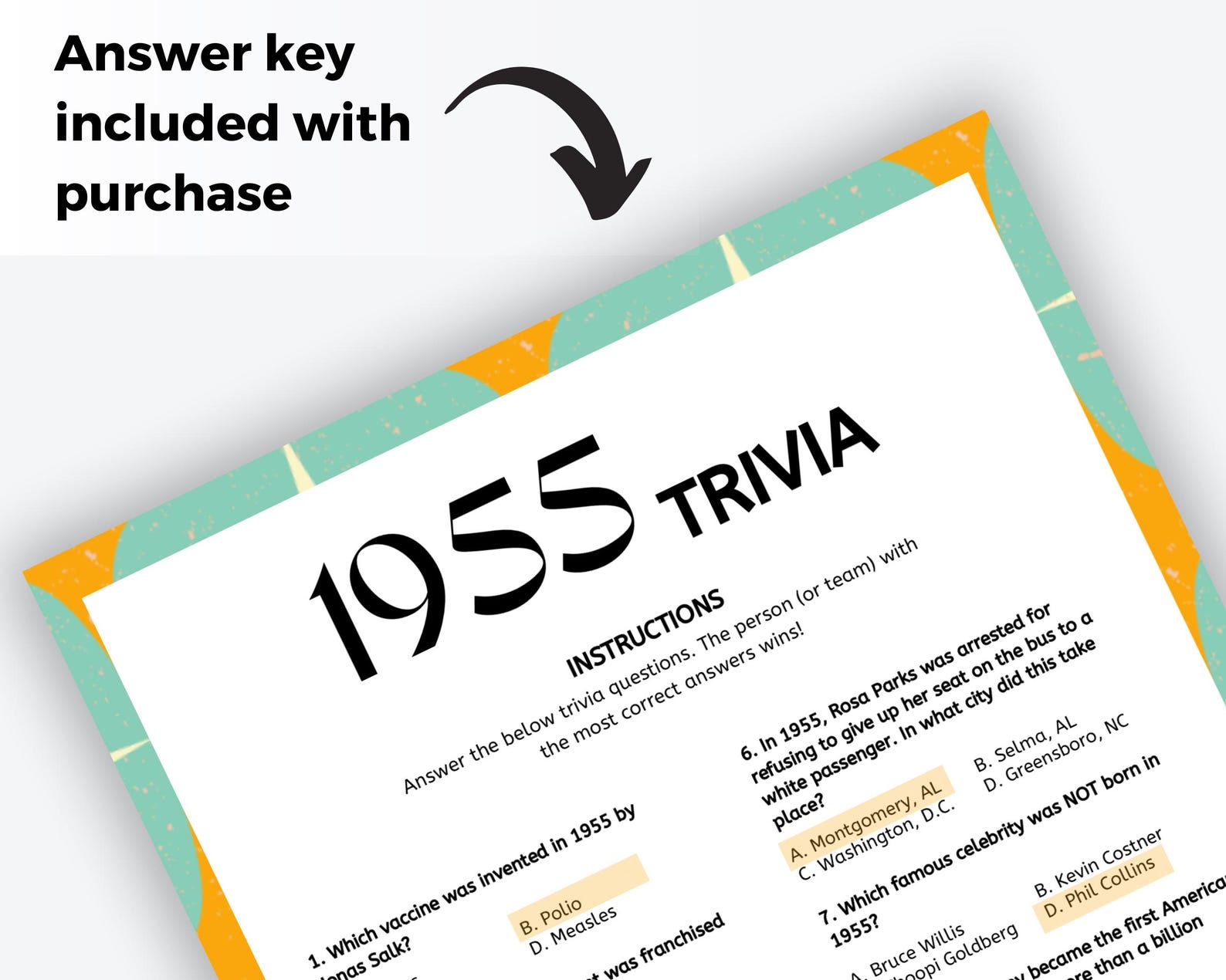 1955 Trivia Game, 70th Birthday Trivia, 1955 Birthday, Born in 1955 ...