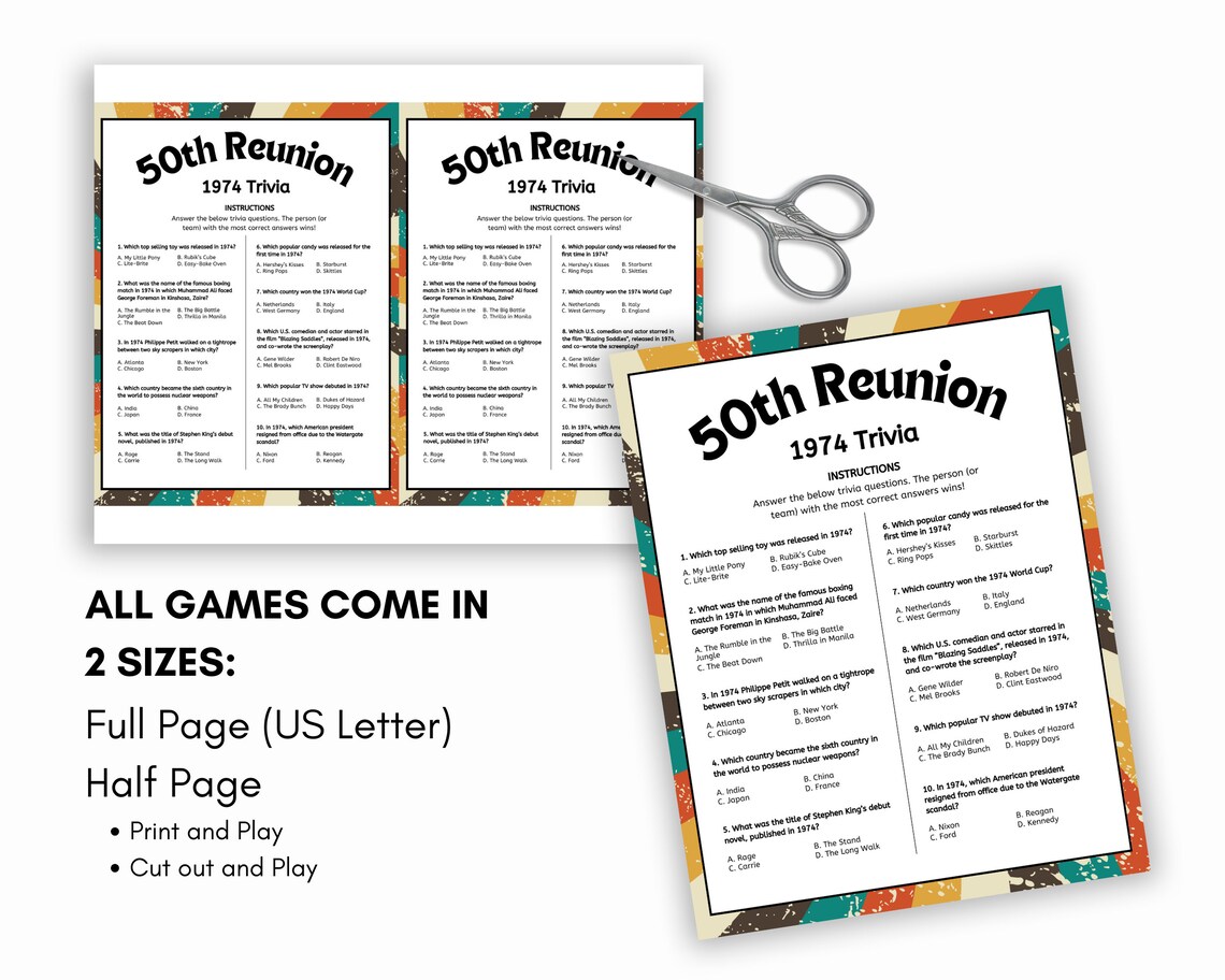 Class of 1974 50th Reunion Game Bundle, Back in 1974, 1974 Trivia Game ...