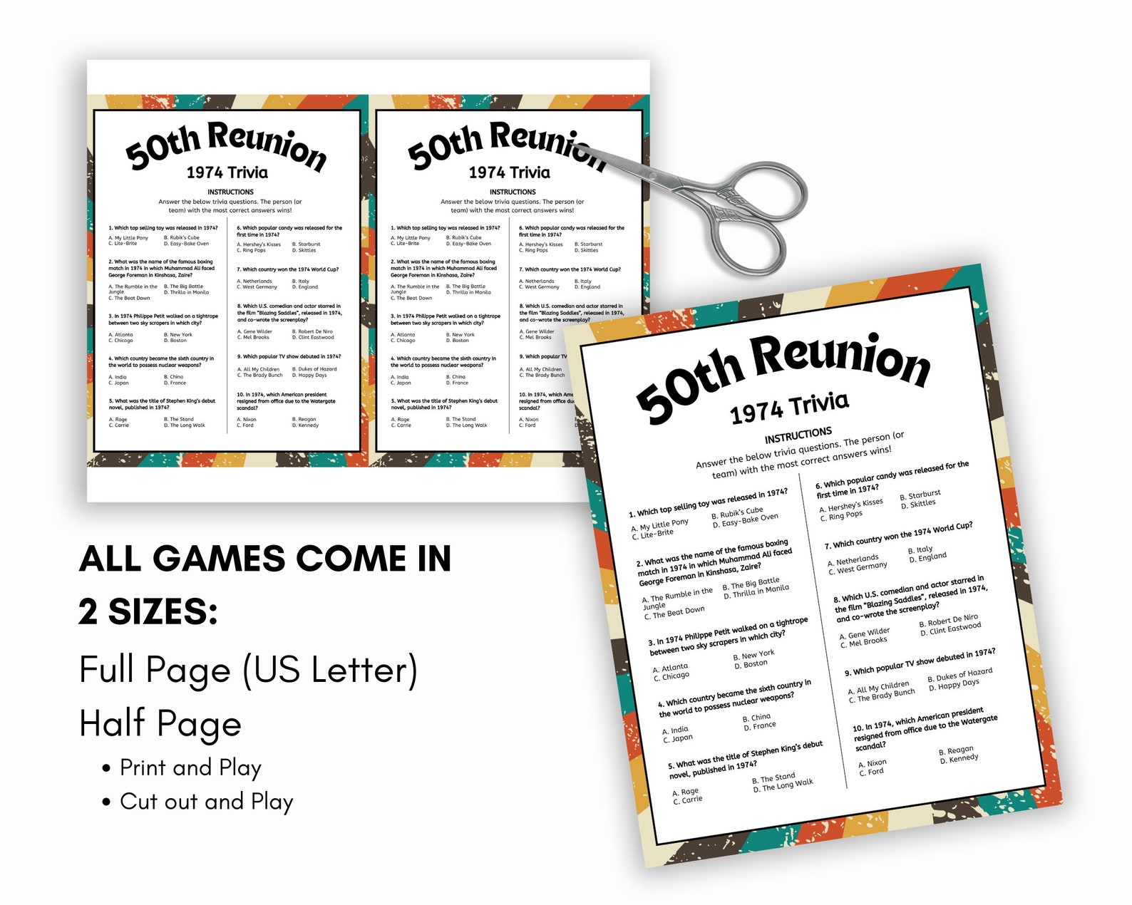 Class of 1974 50th Reunion Game Bundle, Back in 1974, 1974 Trivia Game ...