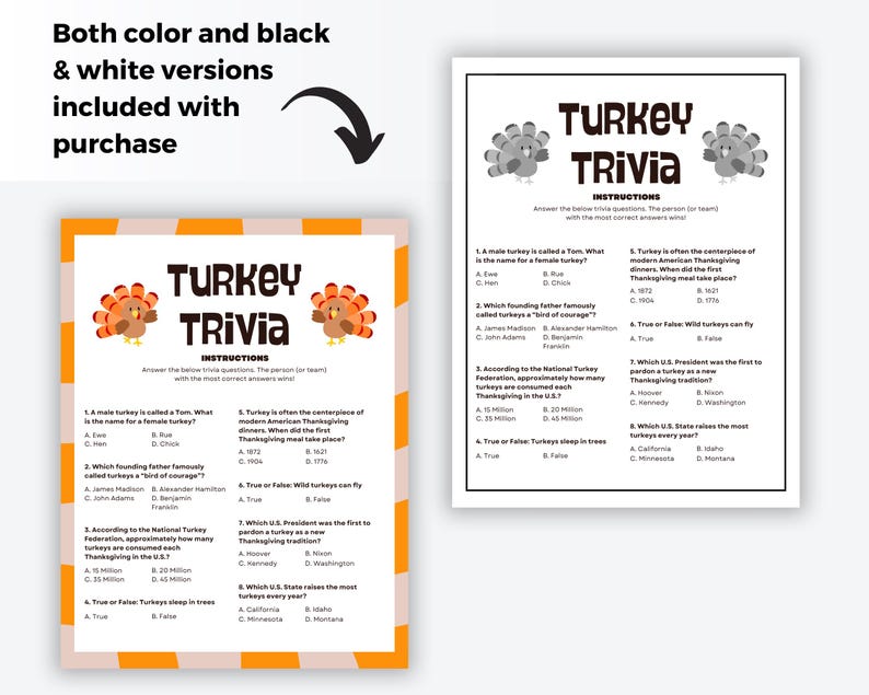 Thanksgiving Turkey Trivia Game: Family & Classroom Fun (printable PDF ...