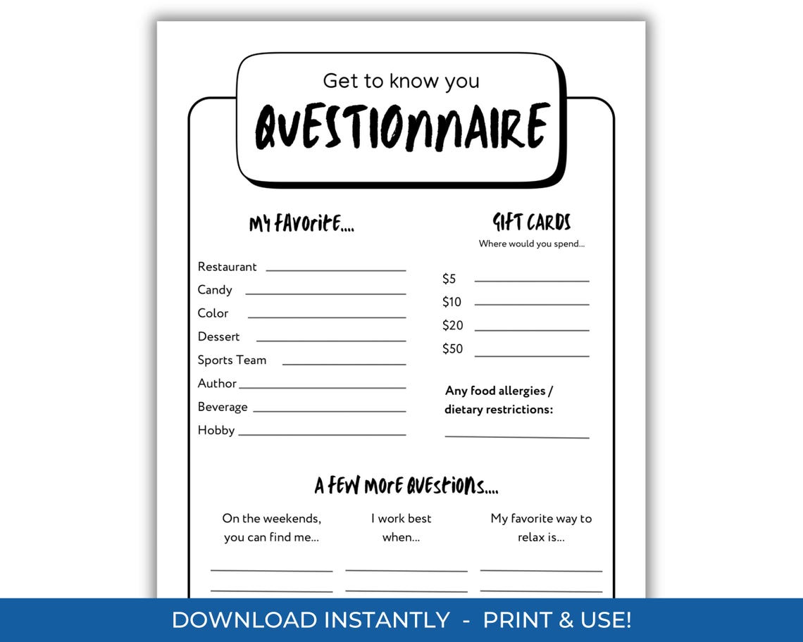 Team Building Questionnaire Printable: Employee Favorites List (PDF) - Etsy