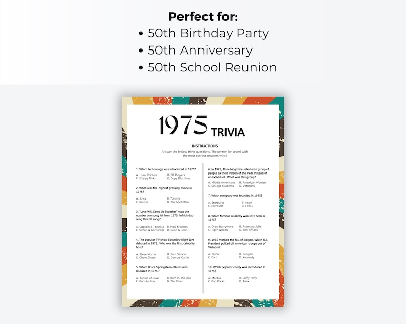 1975 Trivia Game, Born in 1975, 50th Birthday Game, 50th Anniversary ...