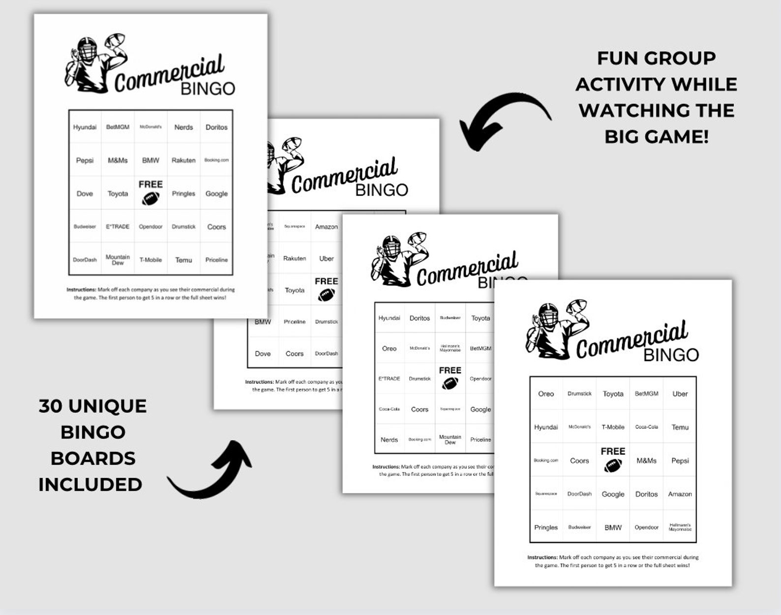 Commercial Bingo Printable, Football Game Bingo, the Big Game 2024 ...