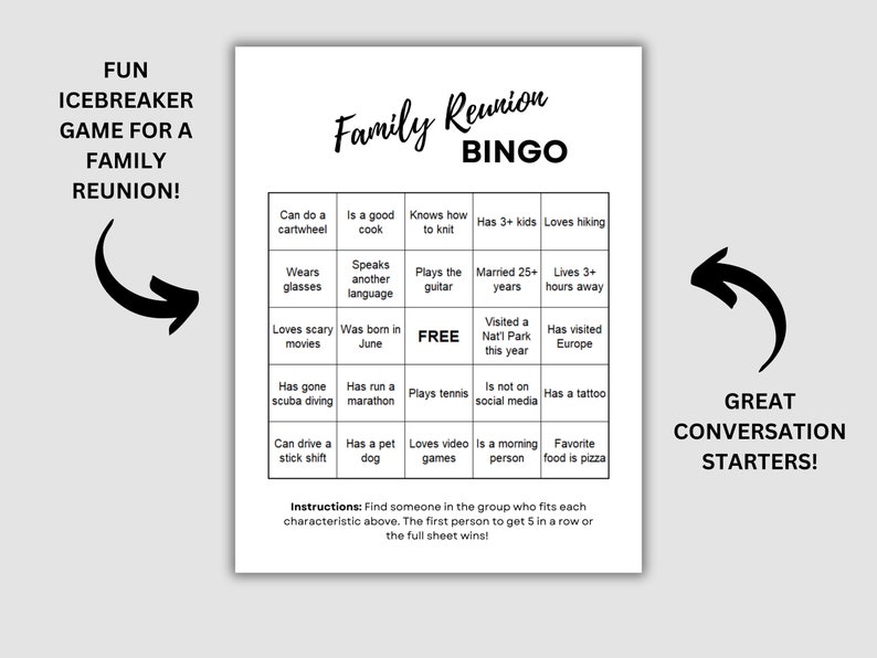 Family Reunion Bingo, Printable Family Reunion Games, Icebreaker Game ...