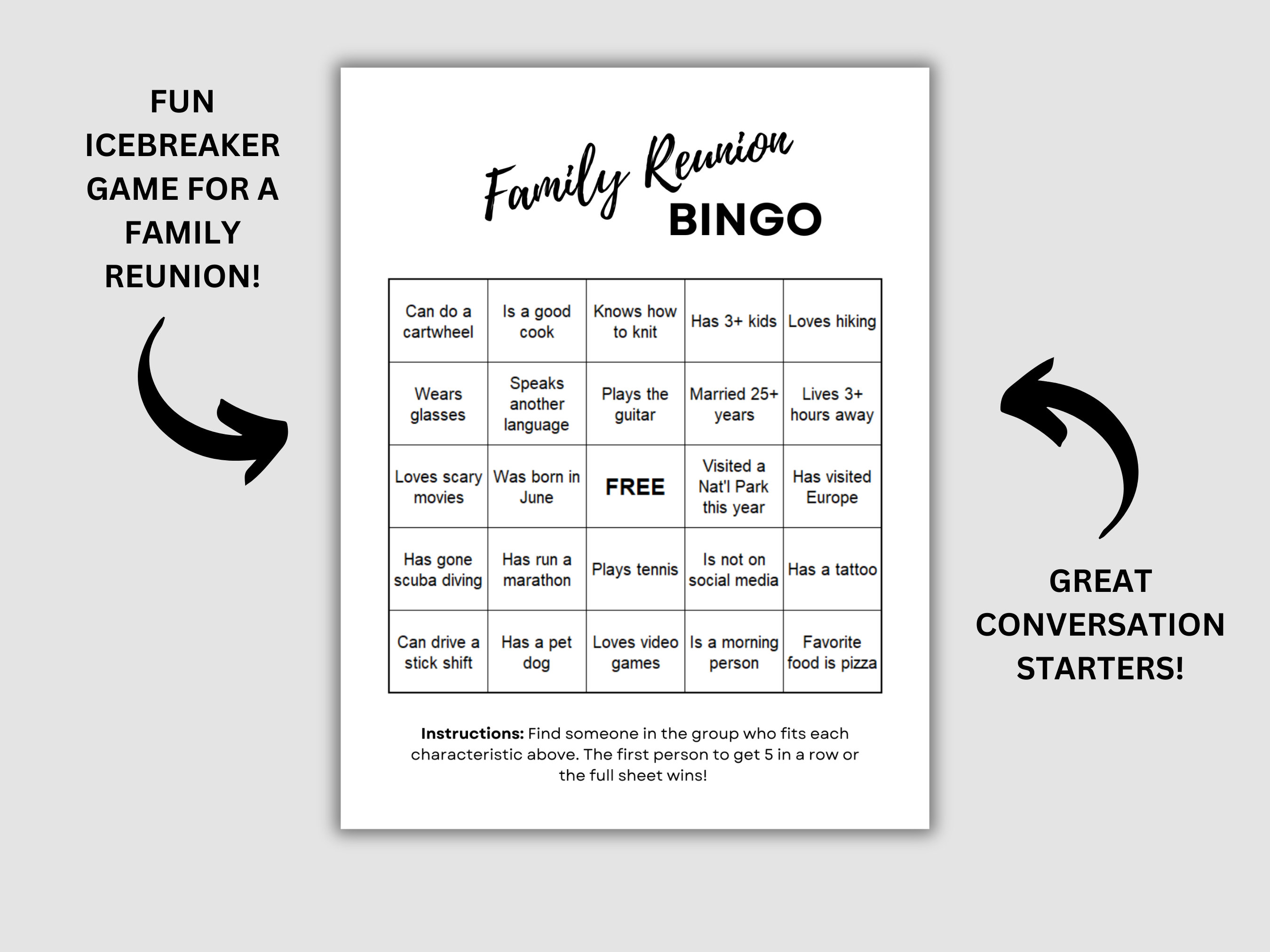 Family Reunion Bingo, Printable Family Reunion Games, Icebreaker Game ...