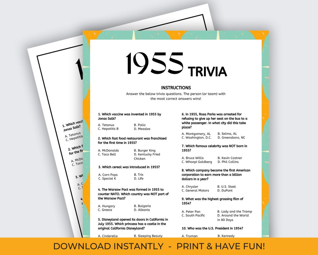 1955 Trivia Game, 70th Birthday Trivia, 1955 Birthday, Born in 1955 ...