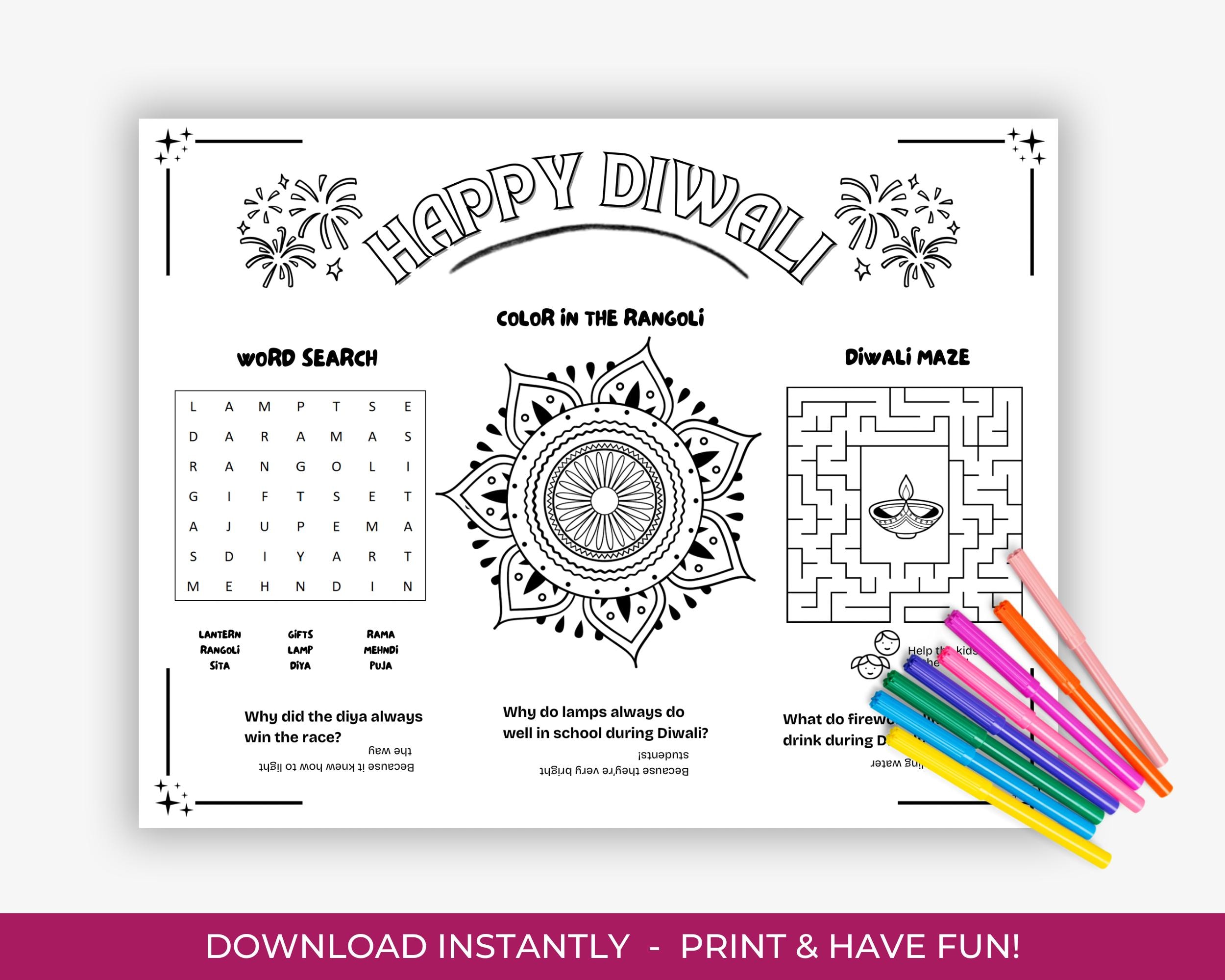 Diwali Coloring Activity Sheet, Printable Diwali Activity for Kids ...