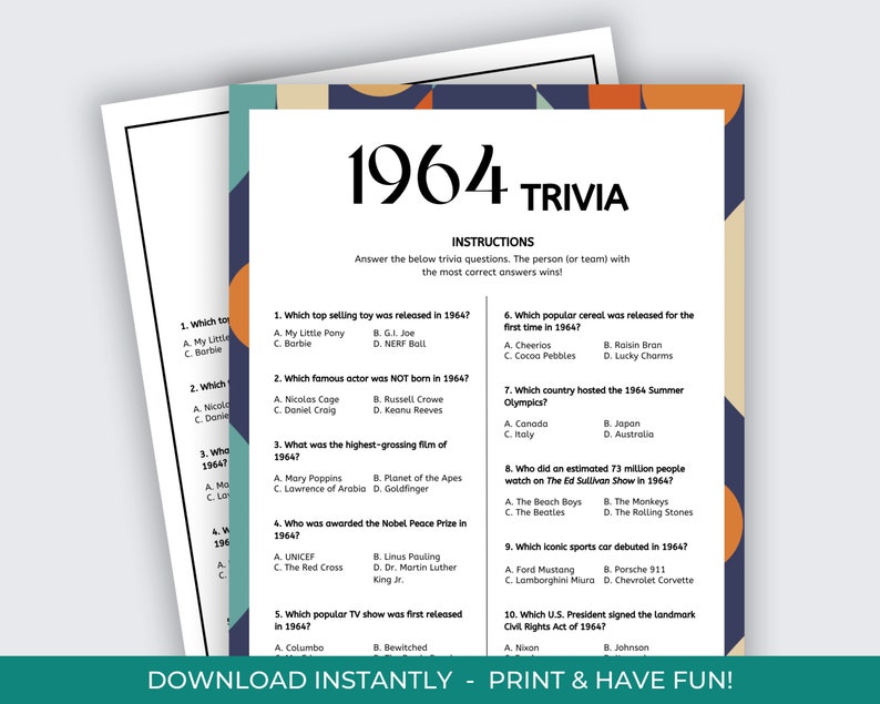 60th Birthday Trivia, 1964 Trivia Game, Born in 1964, 60th Birthday ...