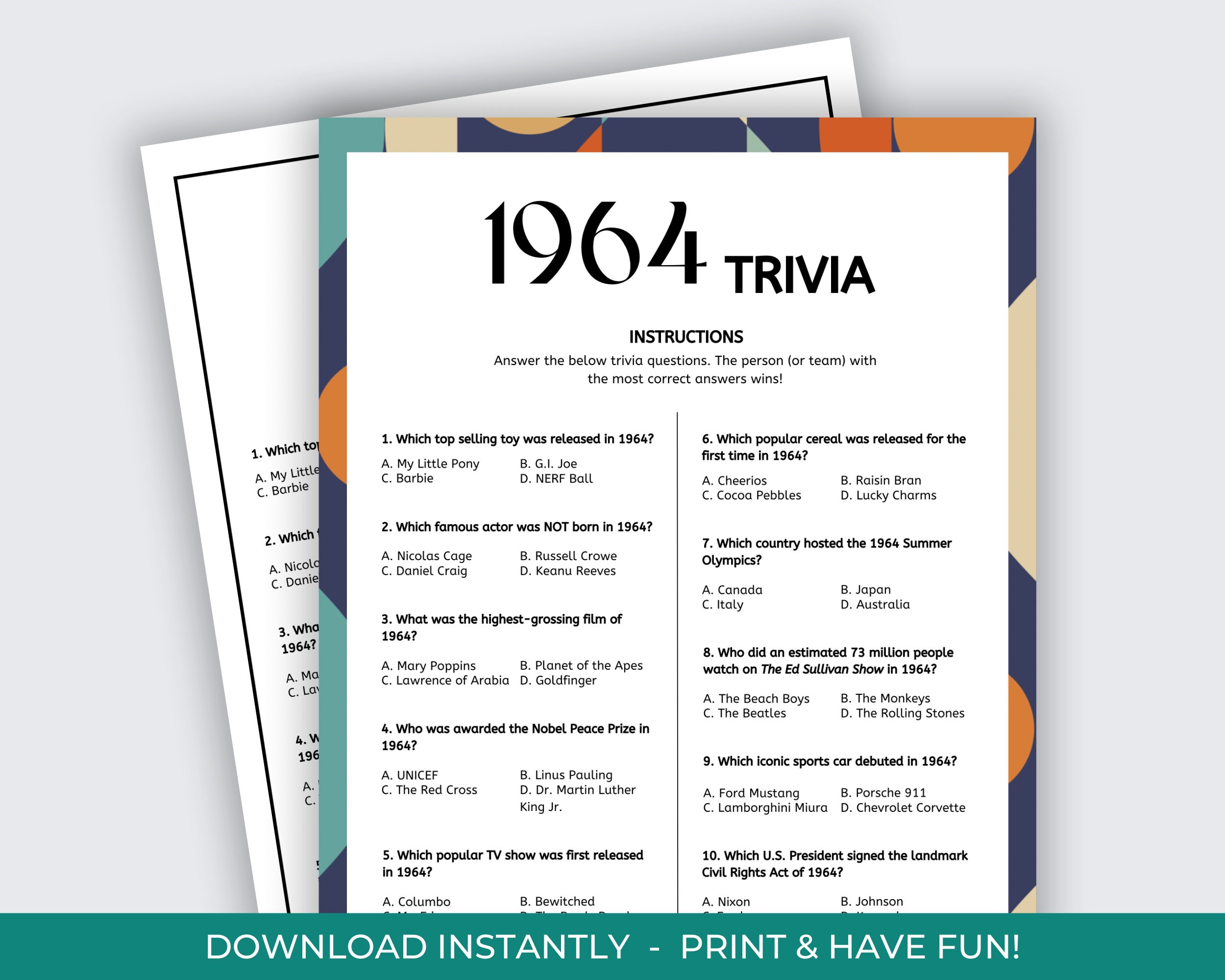 60th Birthday Trivia, 1964 Trivia Game, Born in 1964, 60th Birthday ...