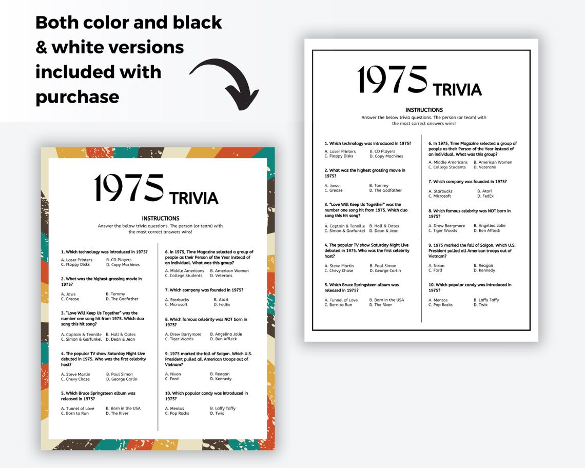 1975 Trivia Game, Born in 1975, 50th Birthday Game, 50th Anniversary ...