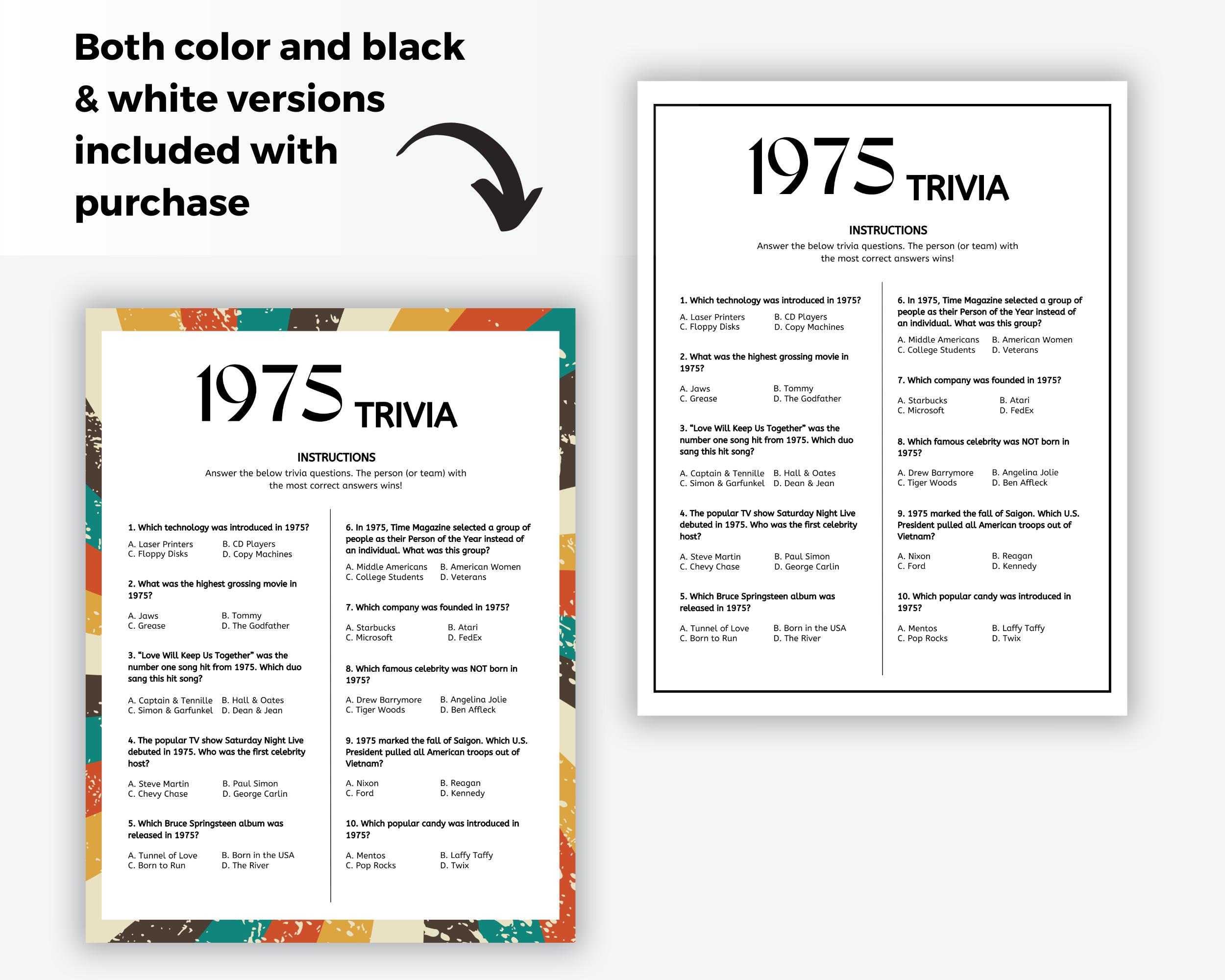 1975 Trivia Game, Born in 1975, 50th Birthday Game, 50th Anniversary ...