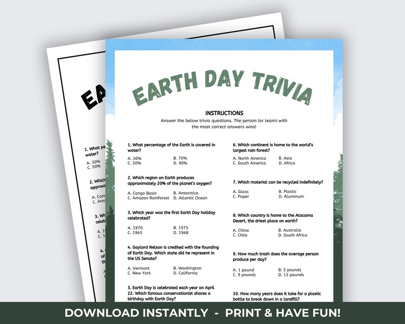 Earth Day Trivia Game, Printable Earth Day Activity for Groups ...
