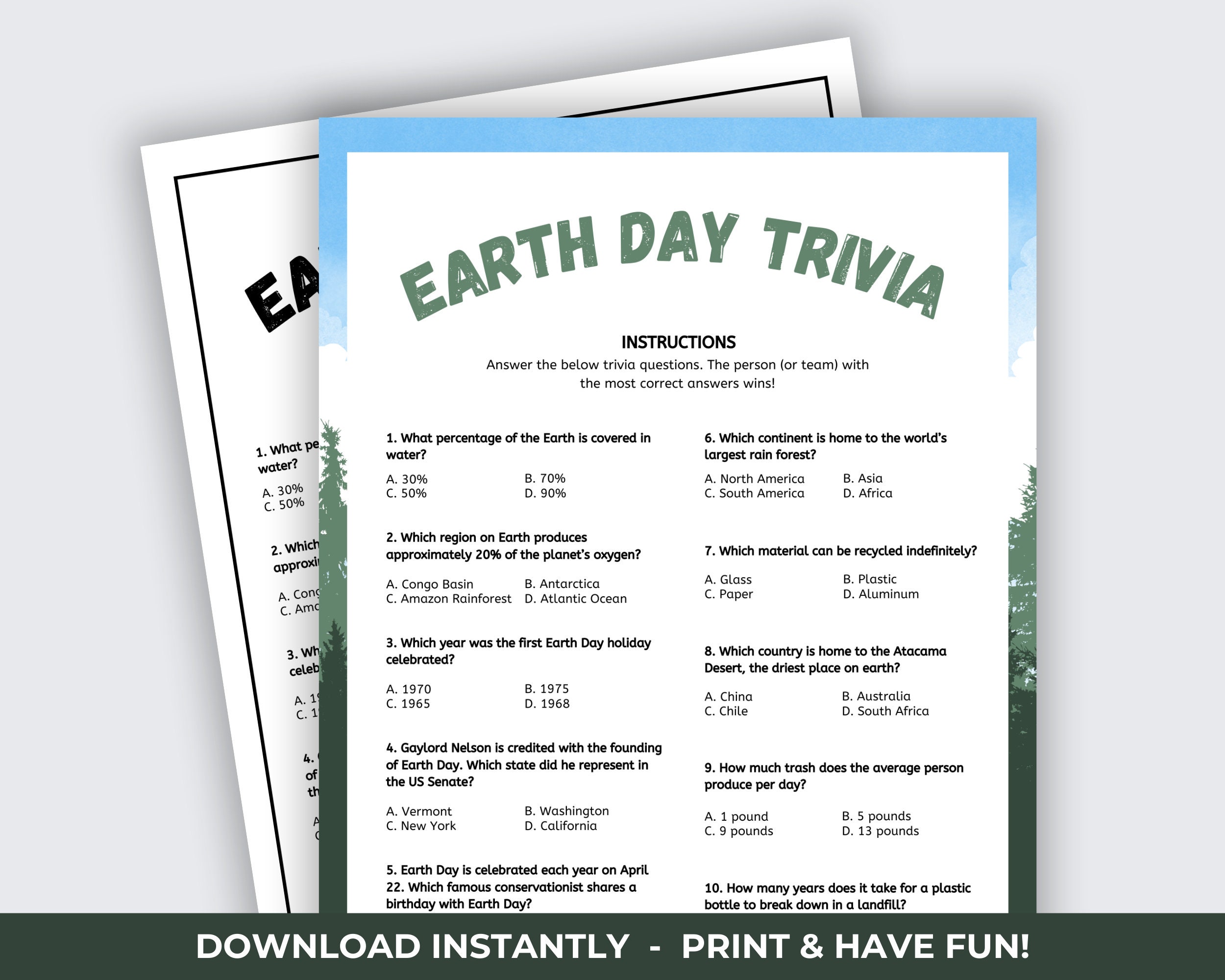 Earth Day Trivia Game, Printable Earth Day Activity for Groups ...