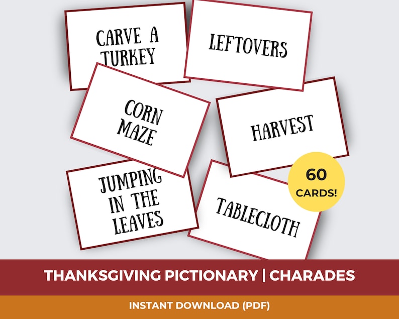 Thanksgiving Pictionary Game, Printable Thanksgiving Charades ...
