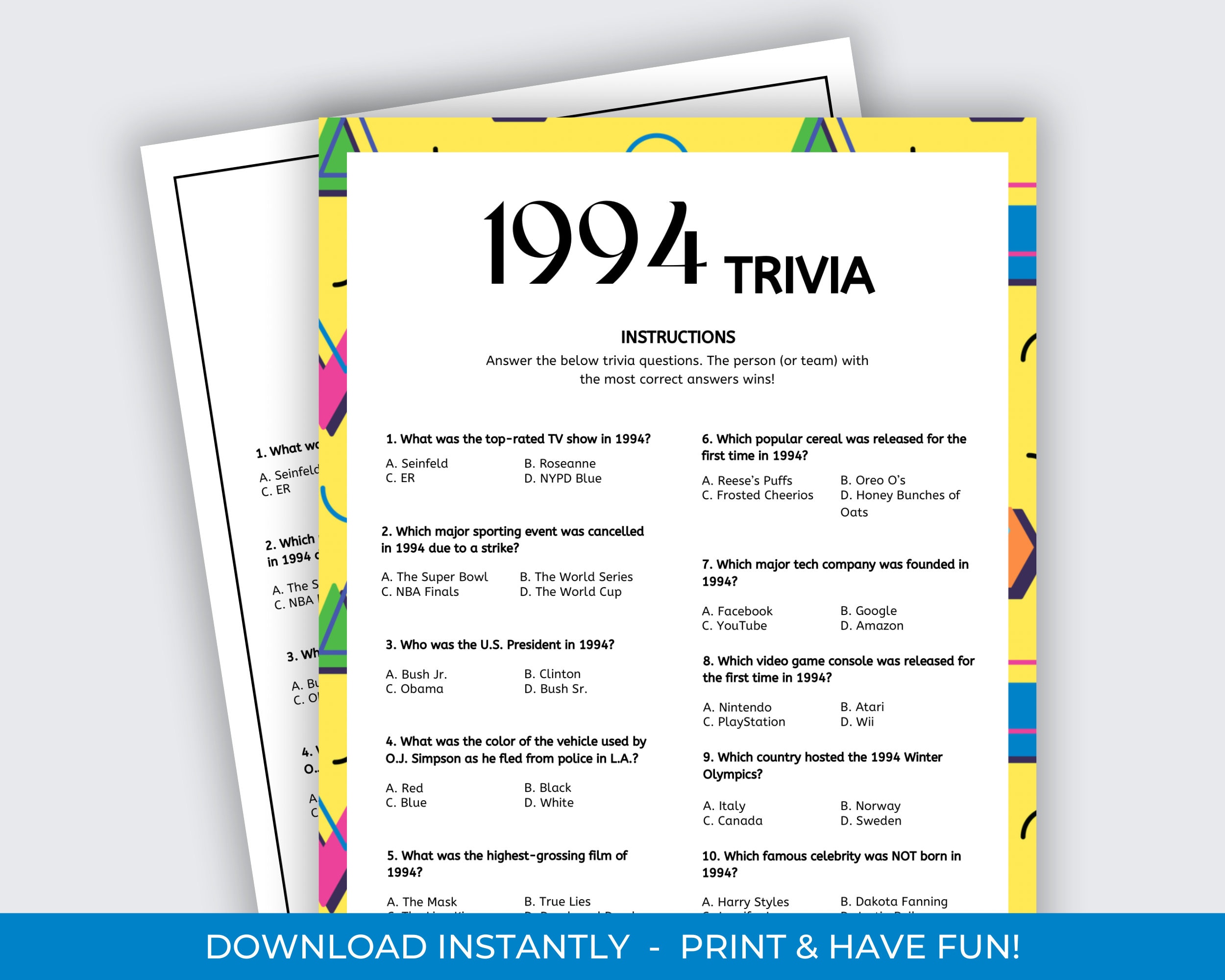 1994 Trivia Game, Born in 1994, 30th Birthday Game, 30th Anniversary ...