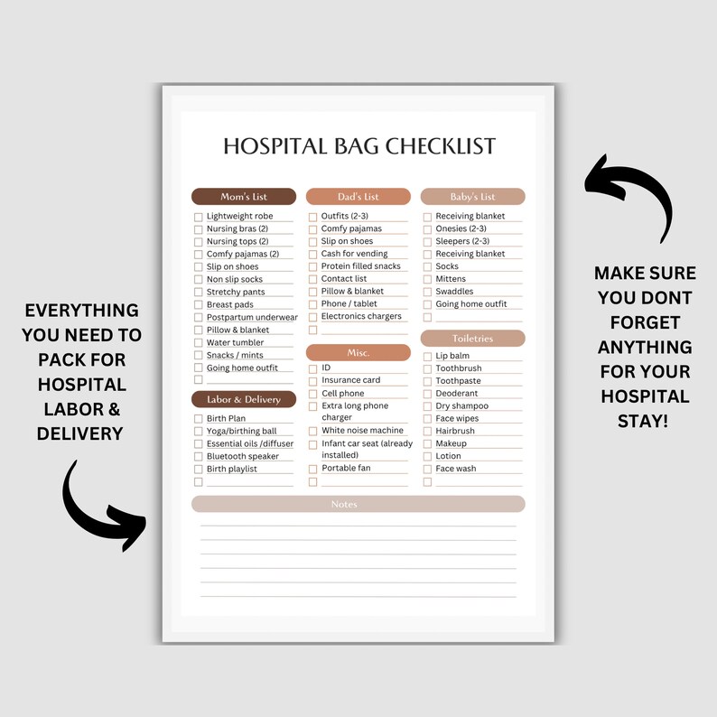 Hospital Packing Checklist for Labor and Delivery, Mom Hospital Bag ...