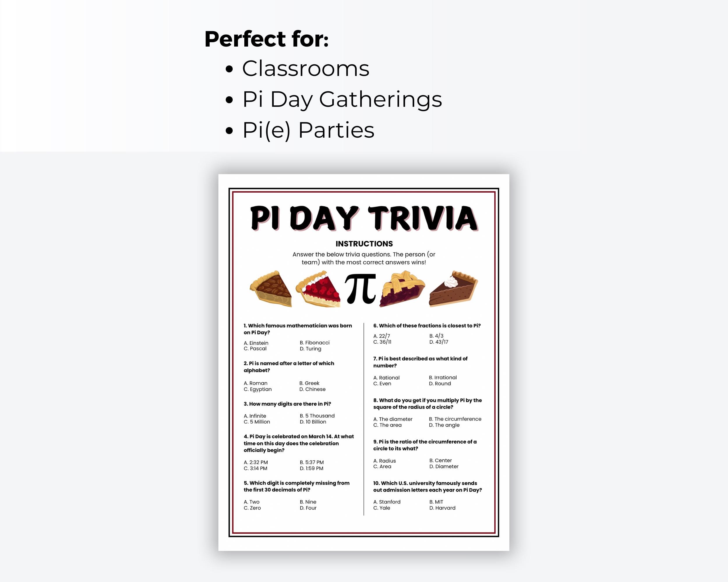 Pi Day Trivia Game: Fun Classroom Activity (digital Download) - Etsy
