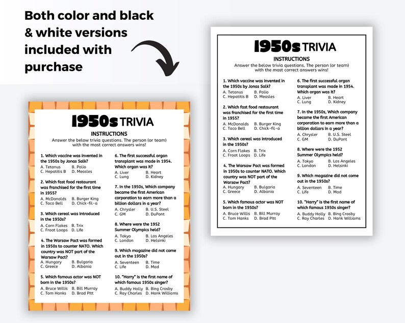 1950s Trivia Game: 70th Birthday Party Activity (PDF Pattern) - Etsy