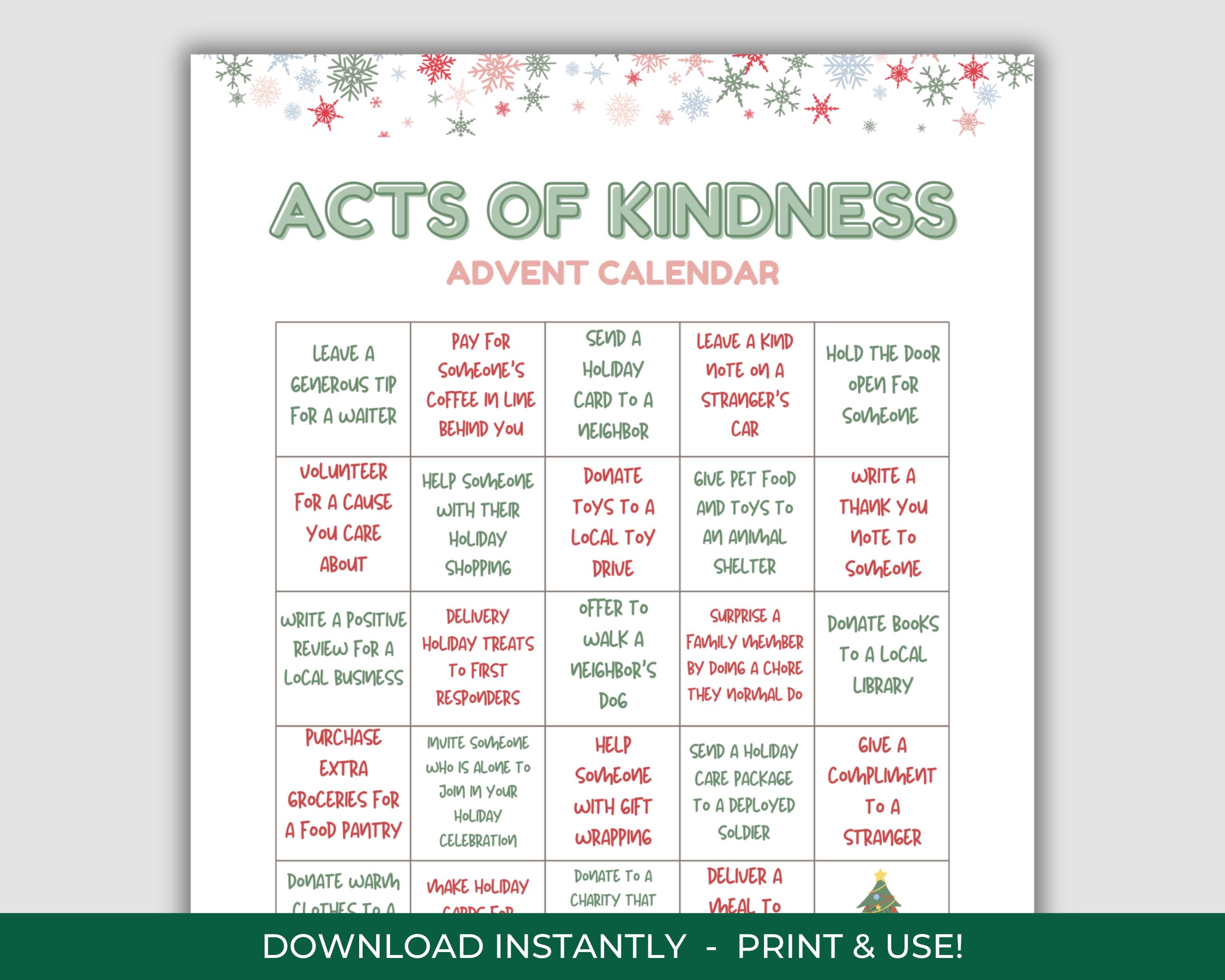 Kindness Advent Calendar: Christmas Holiday Acts (printable PDF) - Etsy