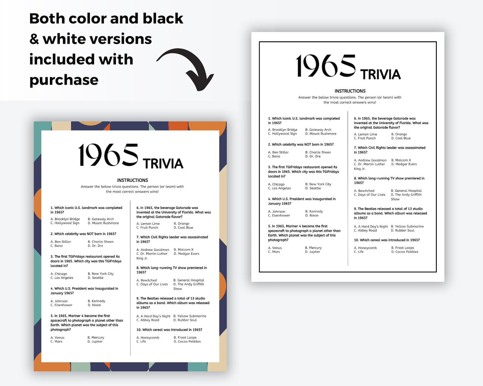 1965 Trivia, 1965 Trivia Game, Born in 1965, 60th Birthday Trivia Game ...