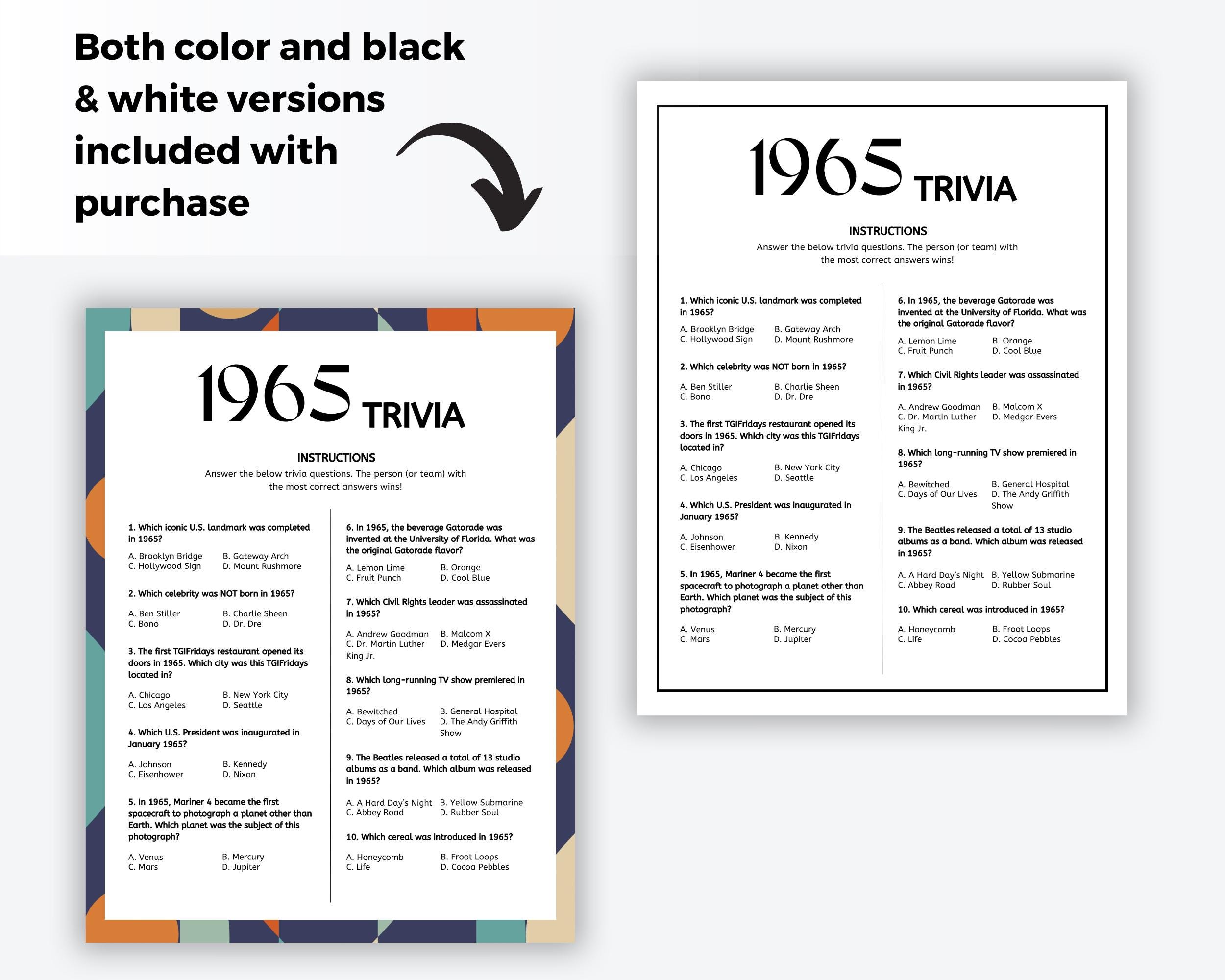 1965 Trivia, 1965 Trivia Game, Born in 1965, 60th Birthday Trivia Game ...