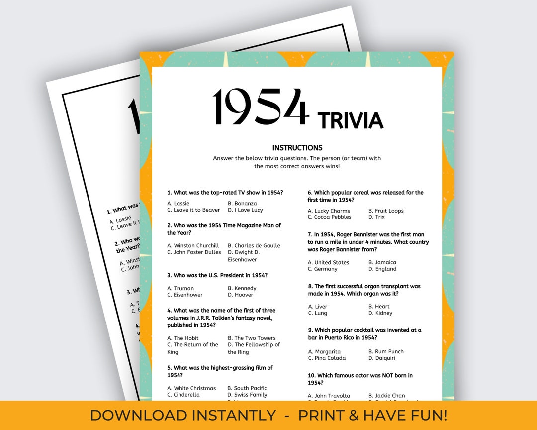 1954 Trivia Game, 70th Birthday Trivia, 1954 Birthday, Born in 1954 ...