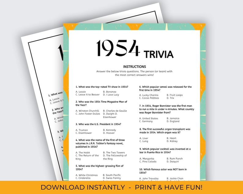 1954 Trivia Game, 70th Birthday Trivia, 1954 Birthday, Born in 1954 ...