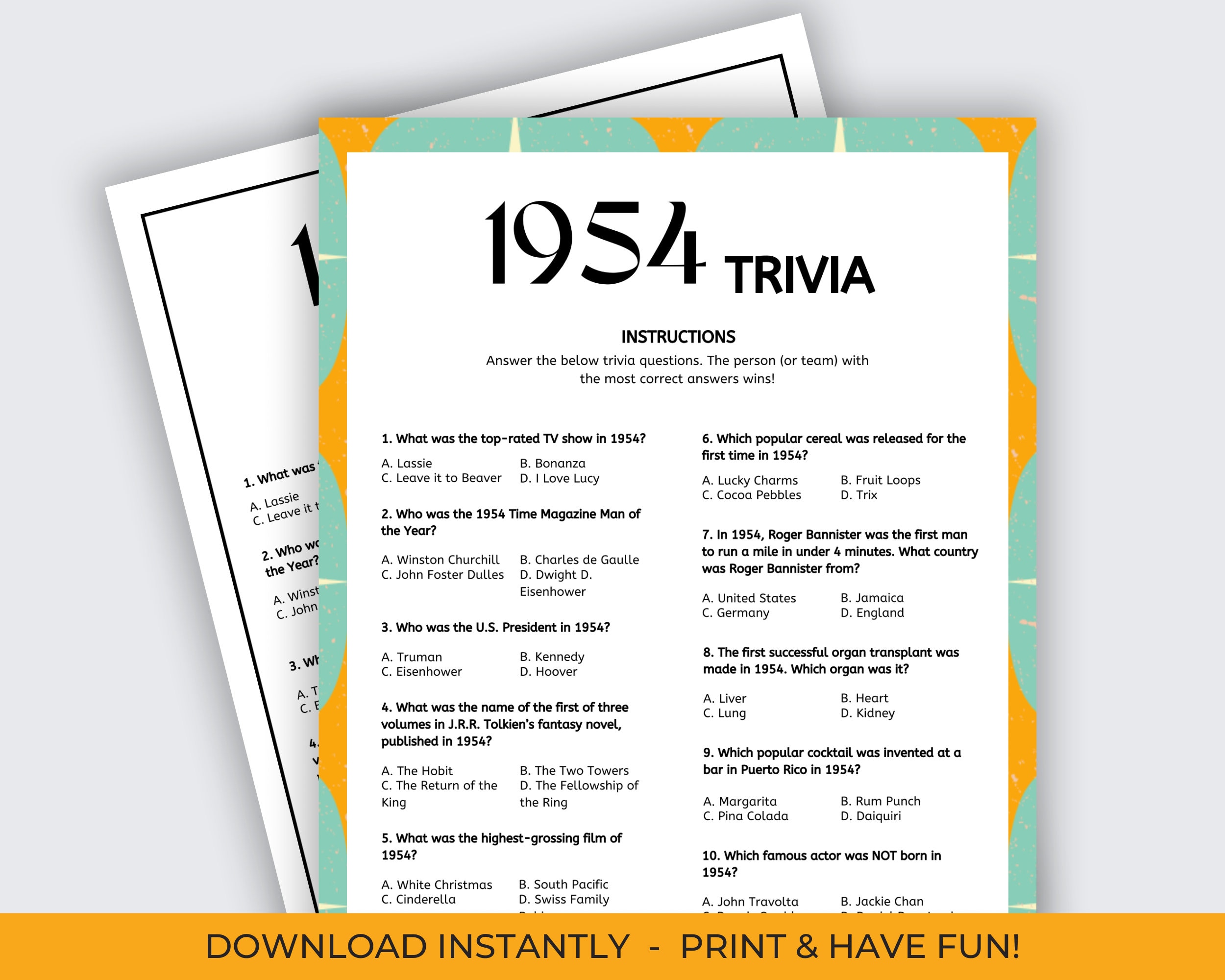 1954 Trivia Game, 70th Birthday Trivia, 1954 Birthday, Born in 1954 ...