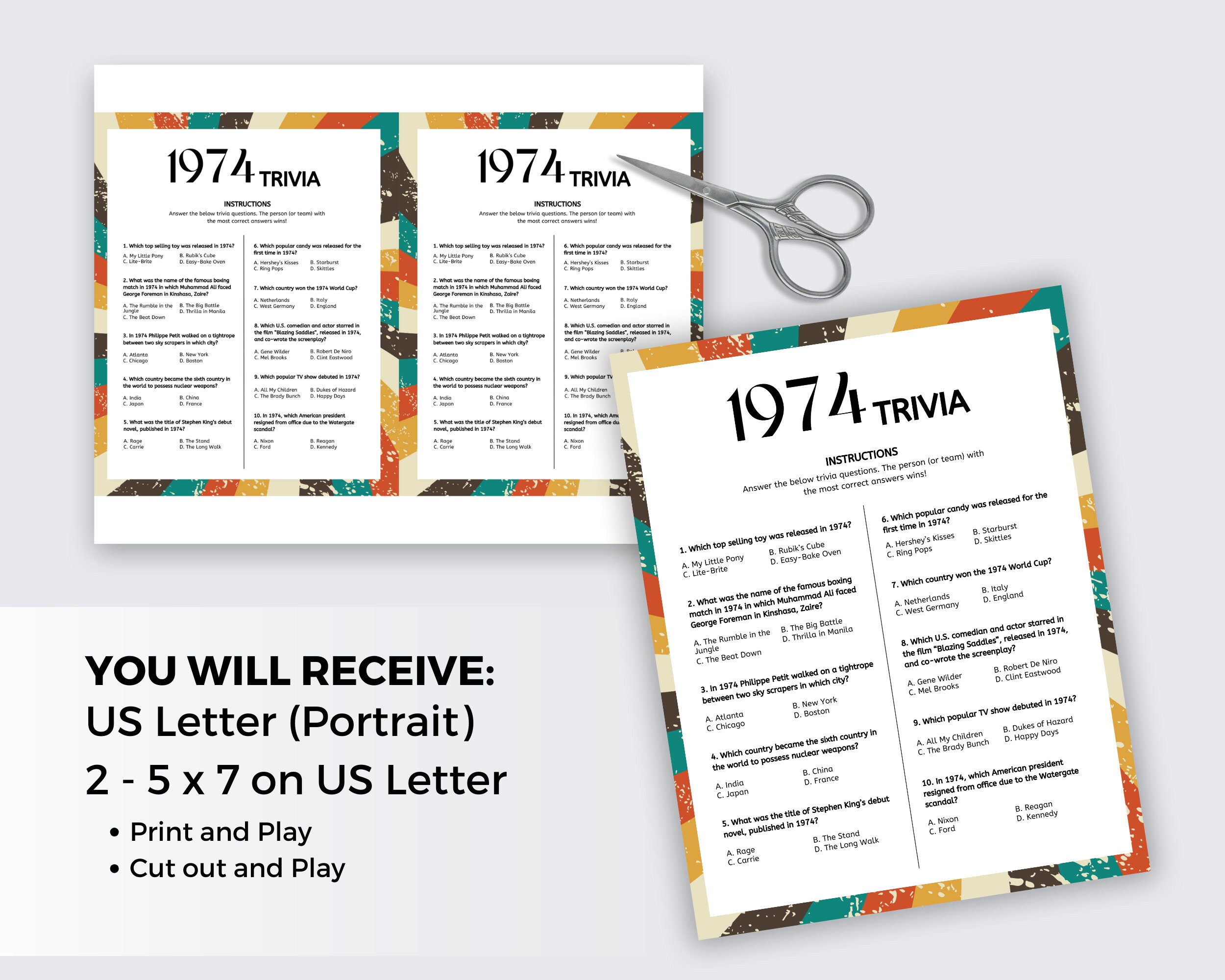 1974 Trivia Game, Born in 1974, 50th Birthday Game, 50th Anniversary ...