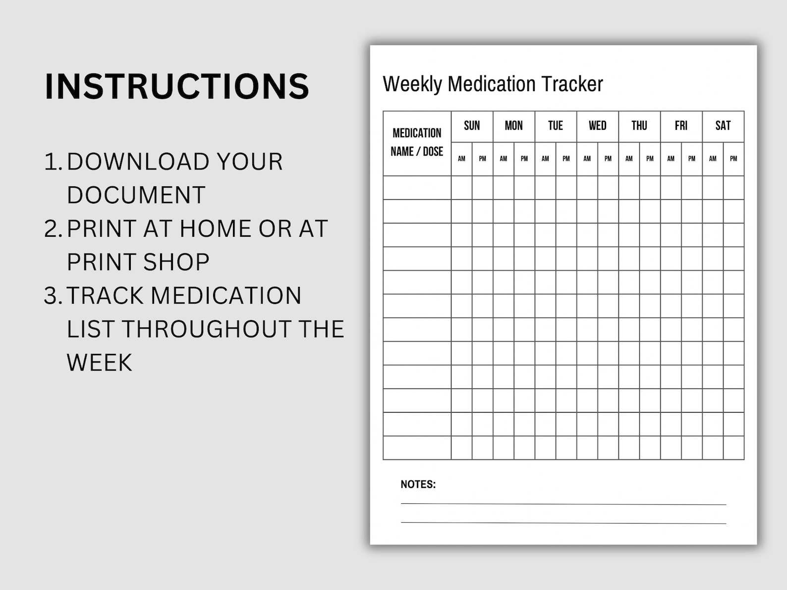 Printable Weekly Medication Tracker, Instant Download Black and White ...