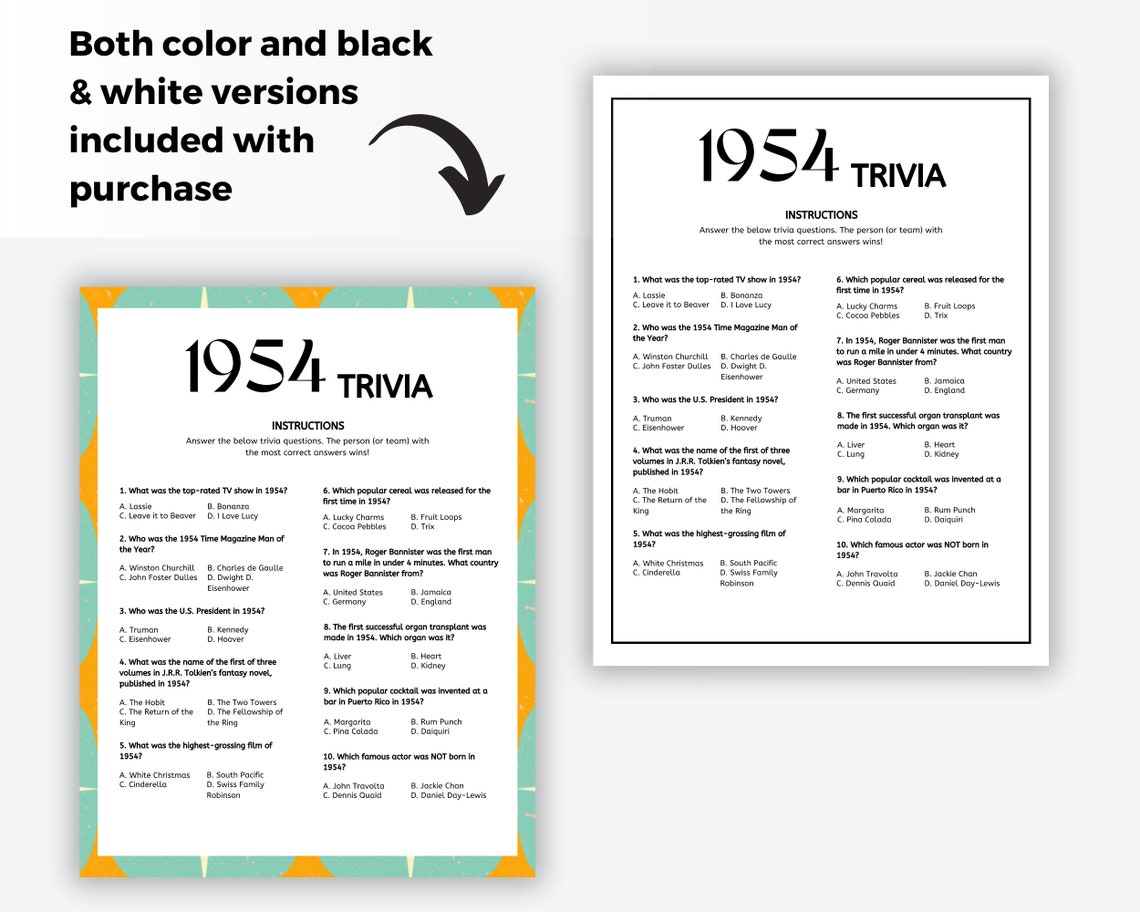 1954 Trivia Game, 70th Birthday Trivia, 1954 Birthday, Born in 1954 ...