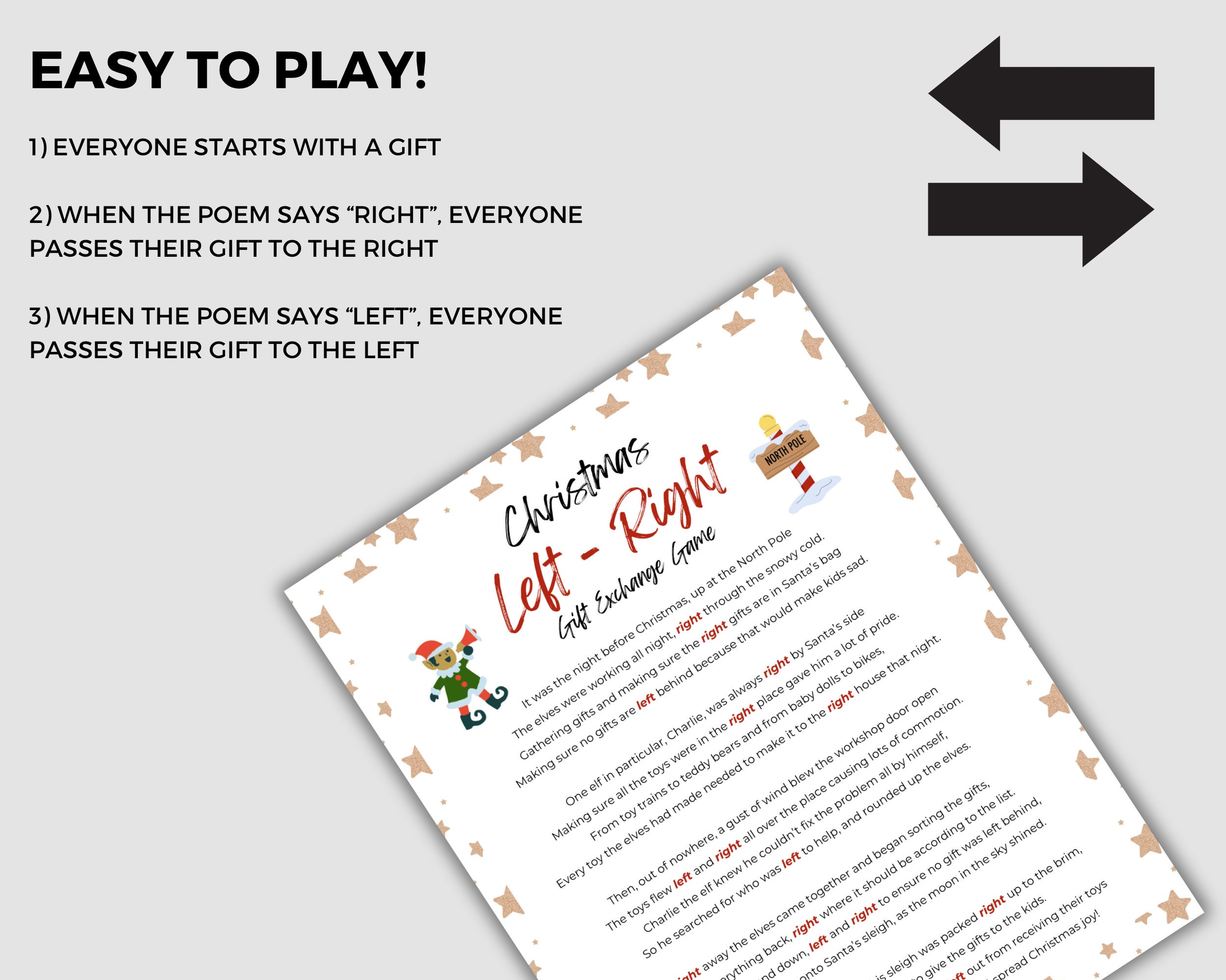 Left Right Christmas Game With Elf Poem, Gift Exchange Game, White ...