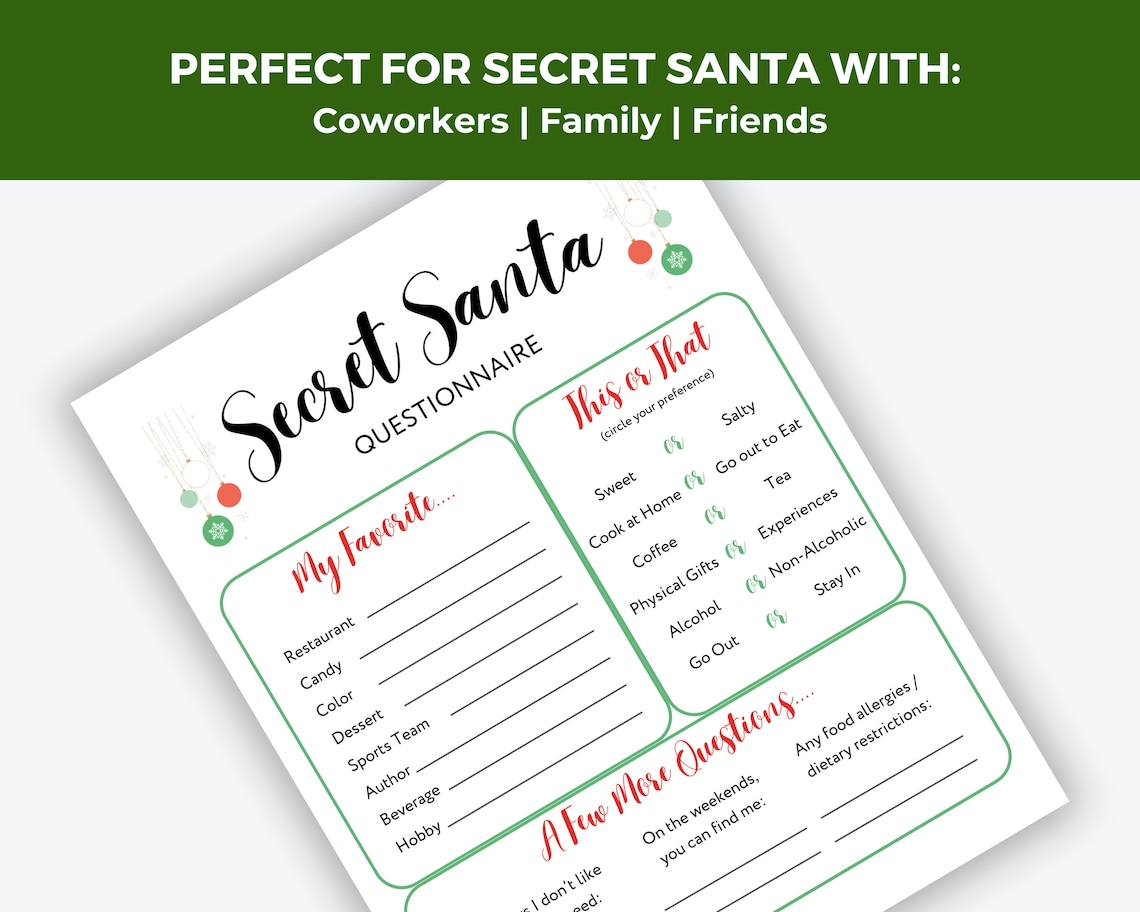 Secret Santa Questionnaire for Coworkers, Simple Secret Santa Form ...