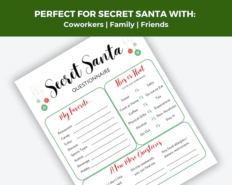 Secret Santa Questionnaire for Coworkers, Simple Secret Santa Form ...