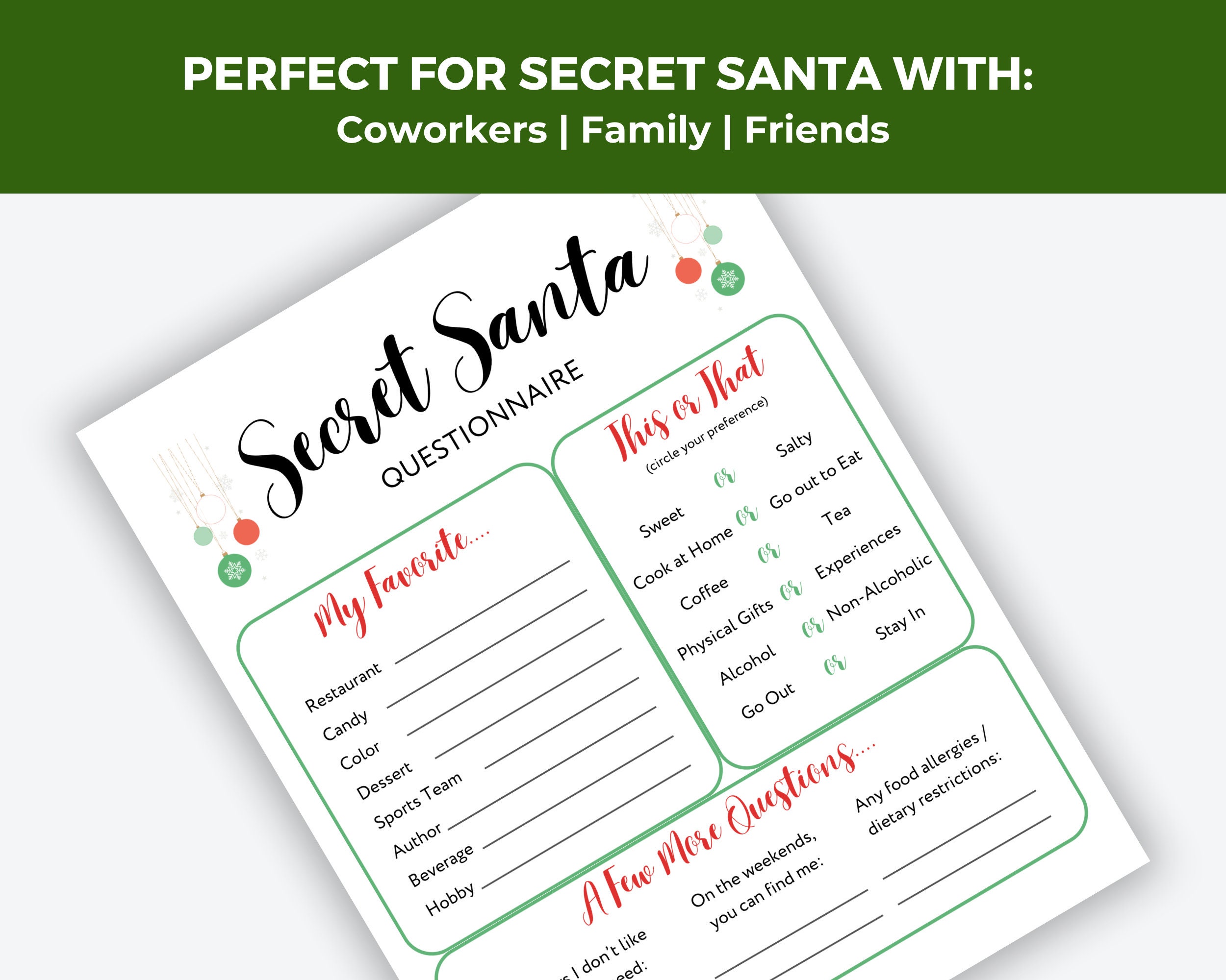 Secret Santa Questionnaire for Coworkers, Simple Secret Santa Form ...
